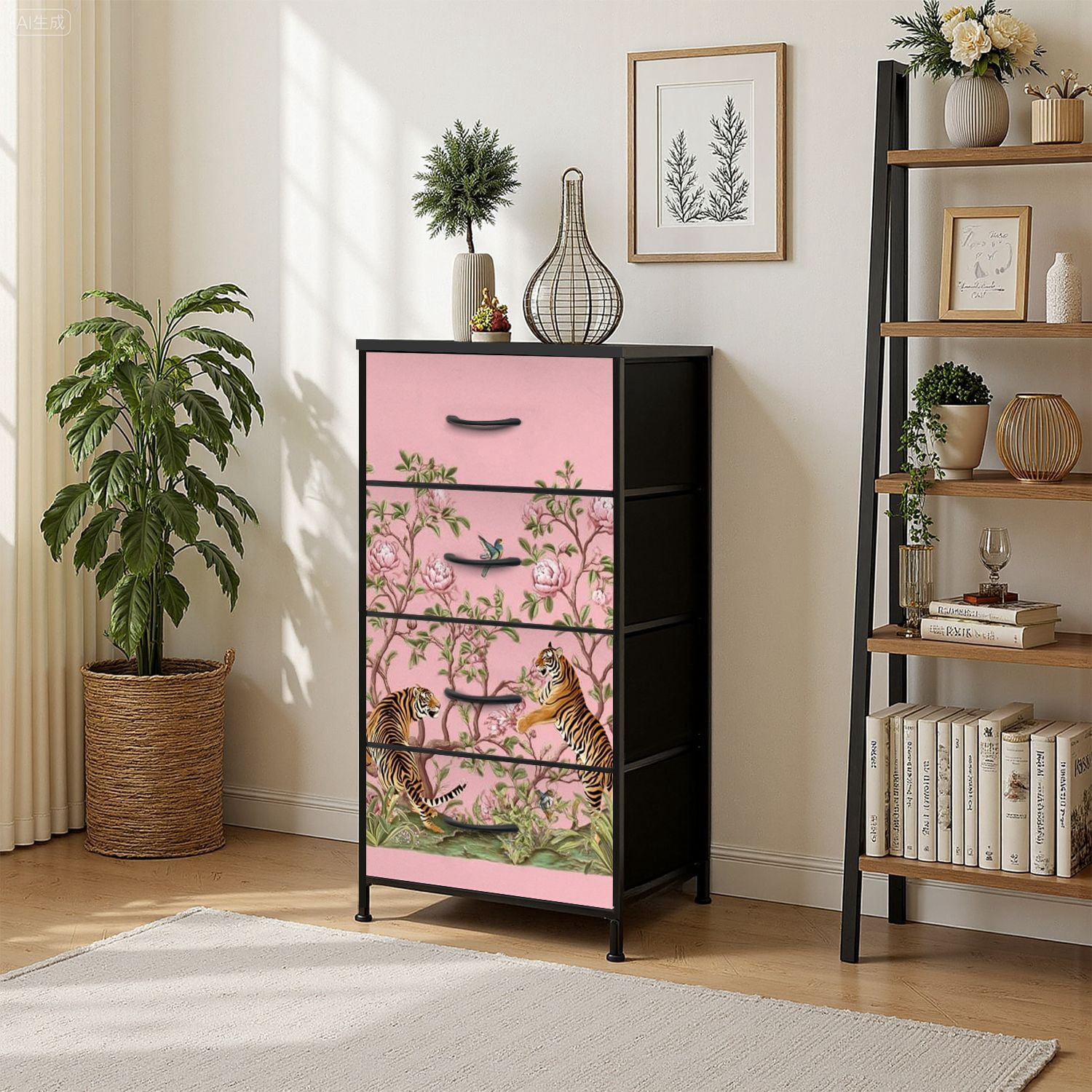4 Drawer Vertical Storage Dresser Print peonies trees bamboo palms ...