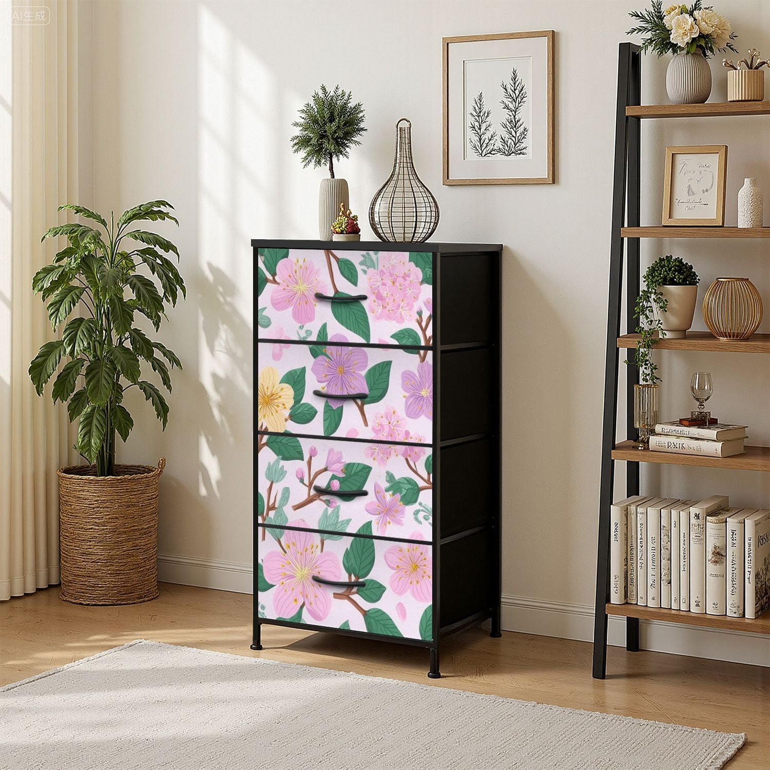 4 Drawer Vertical Storage Dresser Spring Cherry Blossom Hand drawn ...