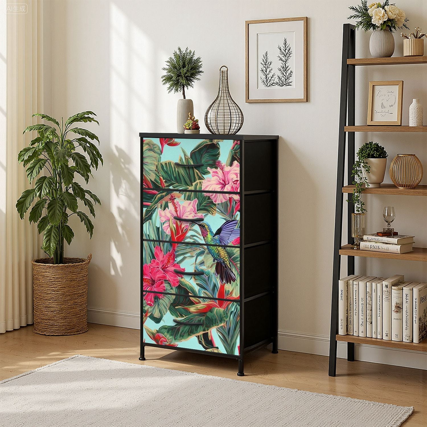 4 Drawer Vertical Storage Dresser Tropical exotic flowers hummingbirds ...