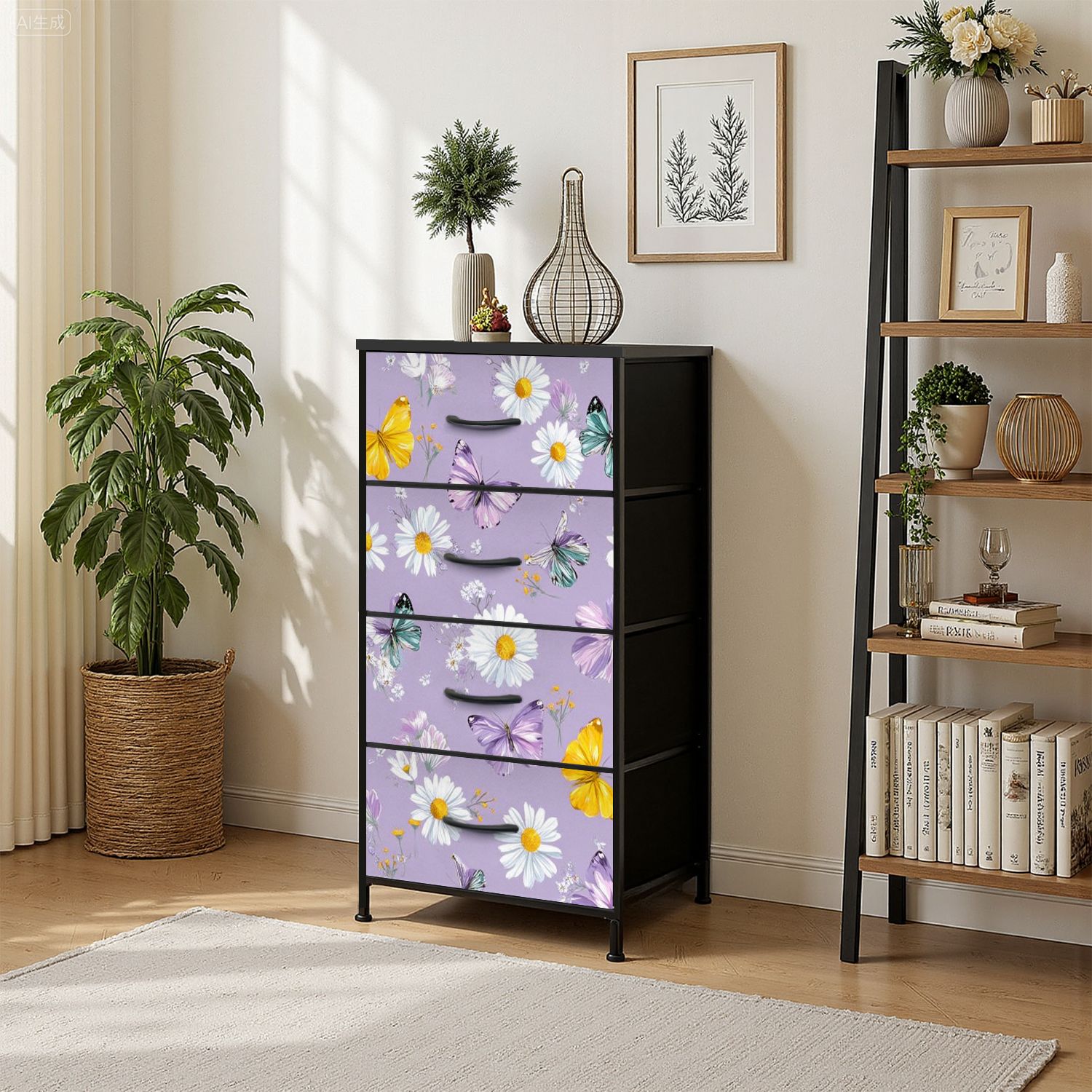 4 Drawer Vertical Storage Dresser Watercolor daisy flowers butterfly ...
