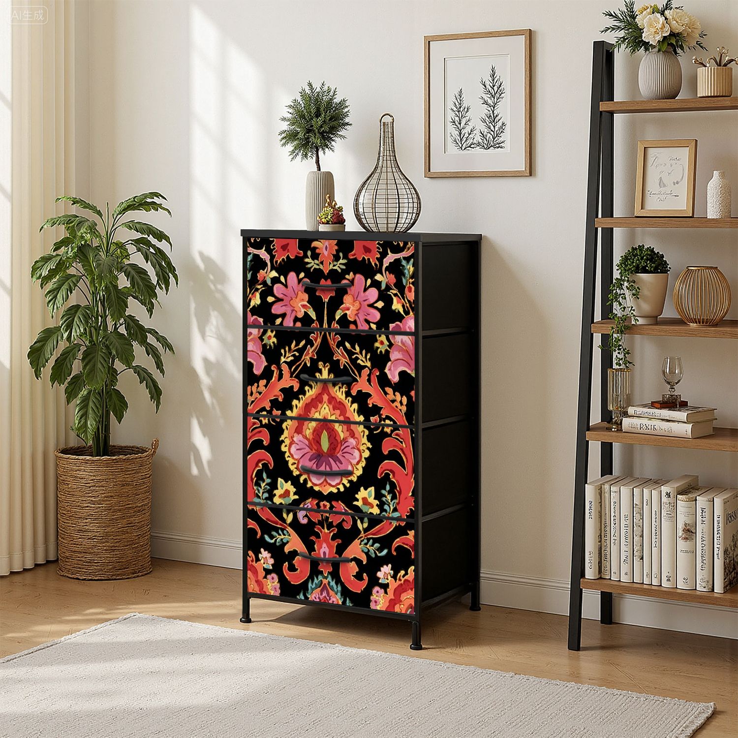 4 Drawer Vertical Storage Dresser Watercolor paisley Warm colors Indian ...