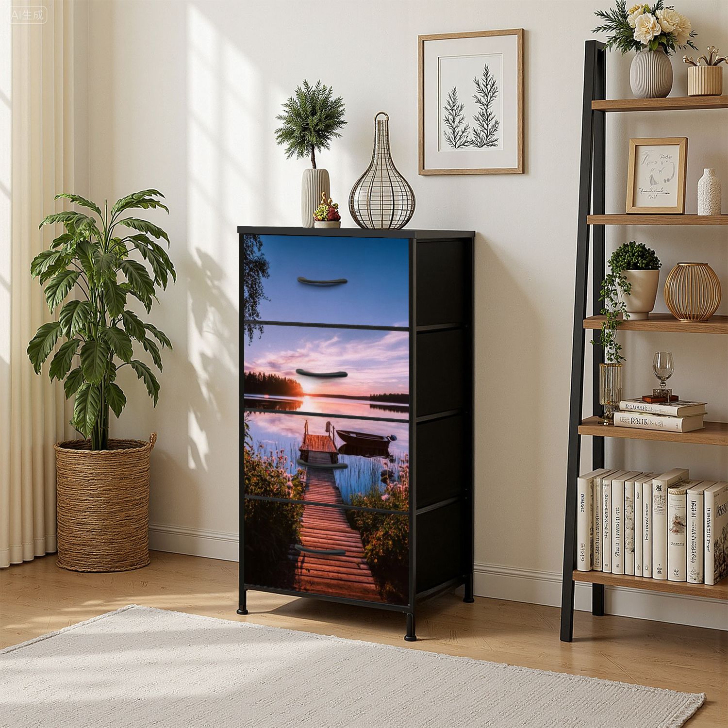 4 Drawer Vertical Storage Dresser Wooden pier fishing boat sunset lake ...