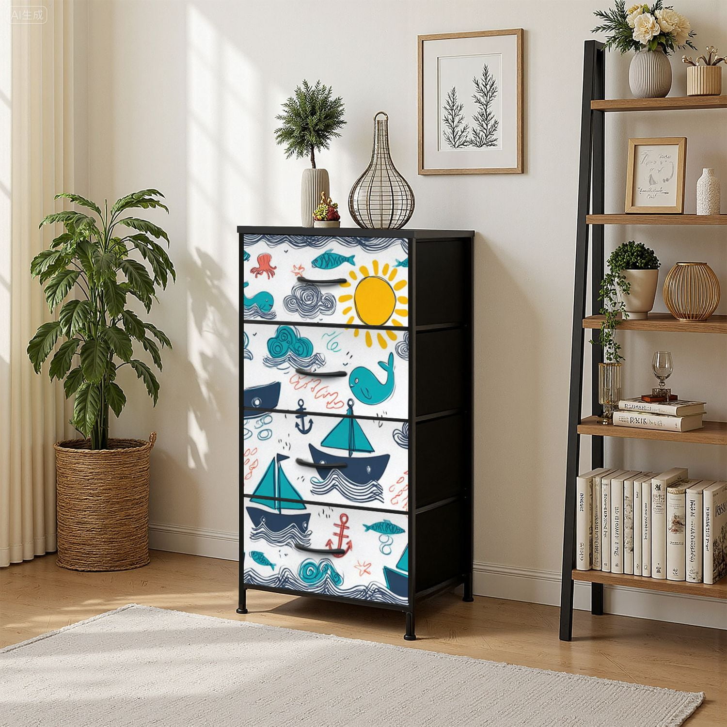4 Drawer Vertical Storage Dresser childrens drawings ships fish sun ...