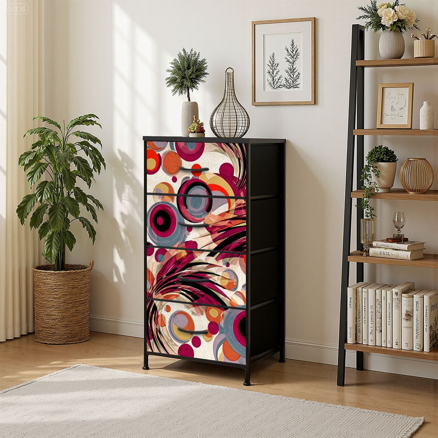 4 Drawer Vertical Storage Dresser curved geometric shapes multicolor ...