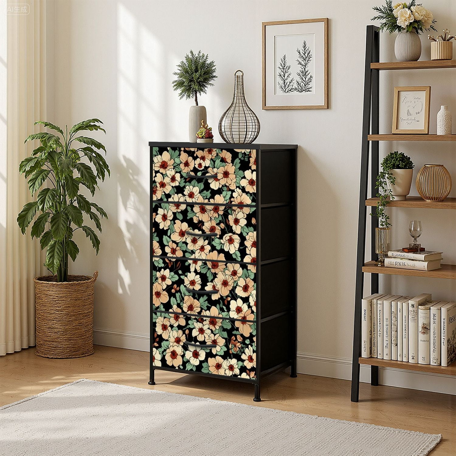 4 Drawer Vertical Storage Dresser cute small flower black with Wood Top ...