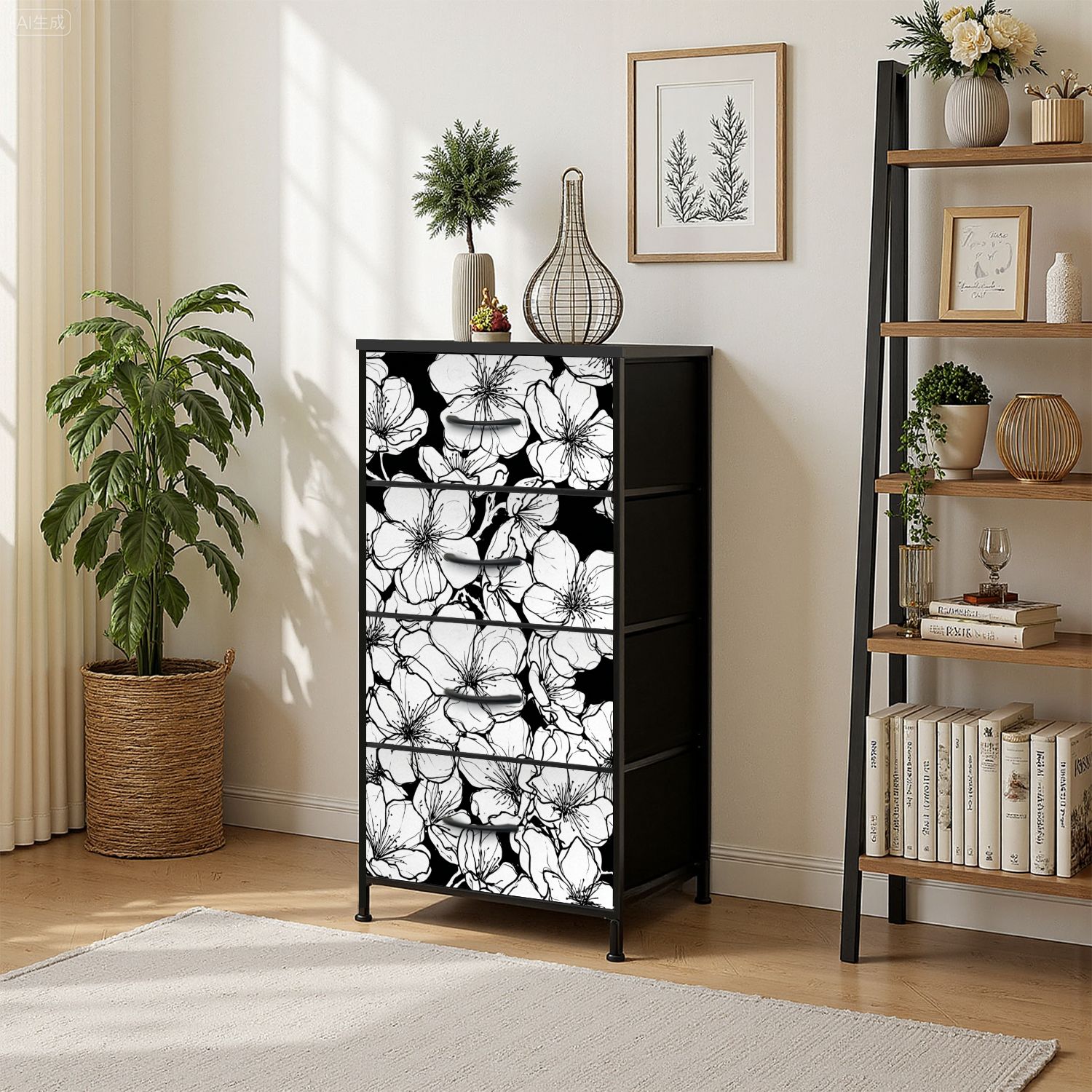 4 Drawer Vertical Storage Dresser line art floral cherry flowers Hand ...