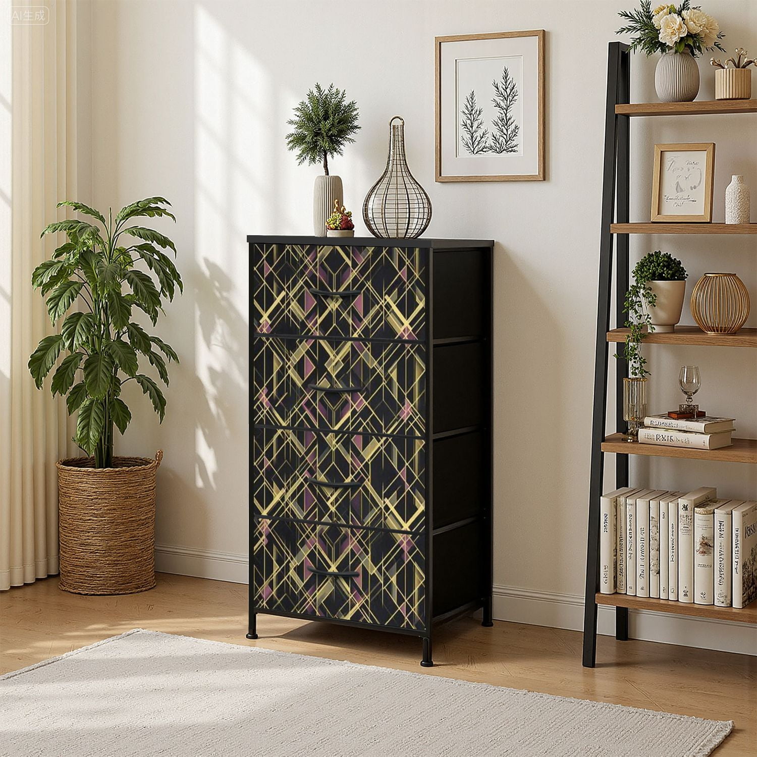 4 Drawer Vertical Storage Dresser modern geometric tiles golden lined ...