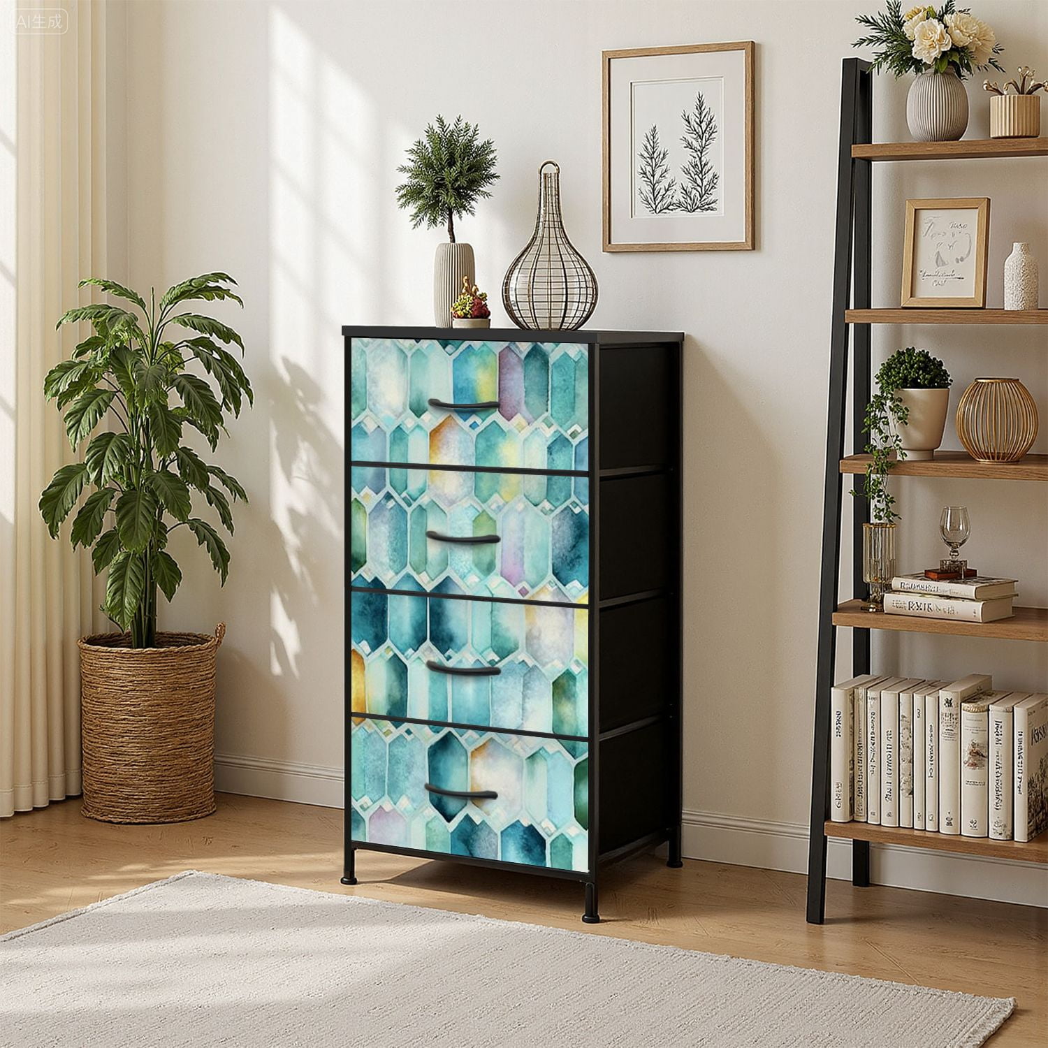4 Drawer Vertical Storage Dresser painted watercolor long hexagon tile ...