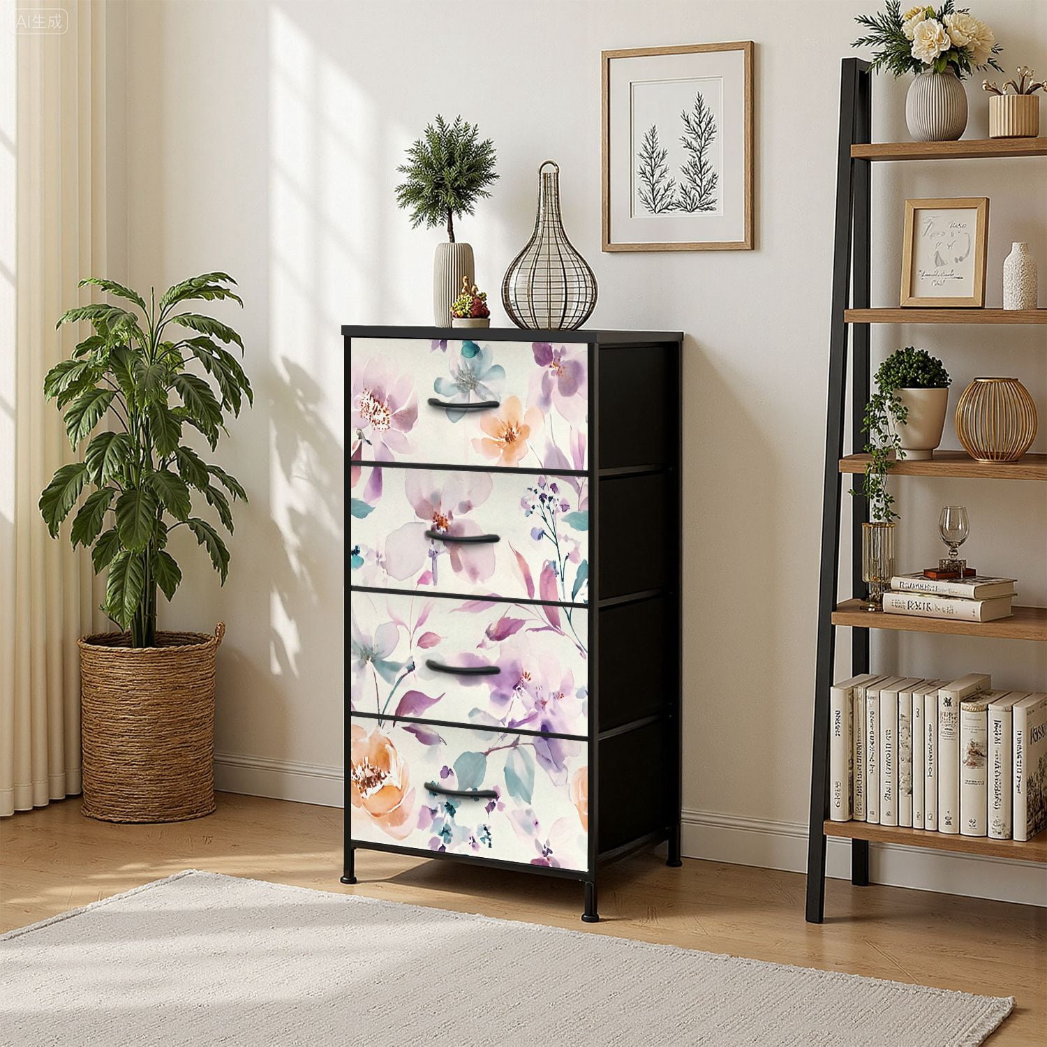 4 Drawer Vertical Storage Dresser soft pink watercolor flower print ...