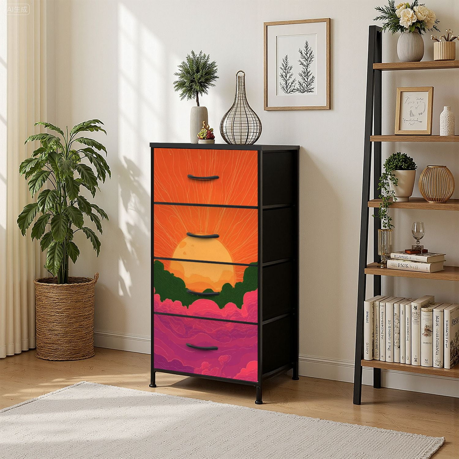 4 Drawer Vertical Storage Dresser sunset hipster poster with Wood Top ...
