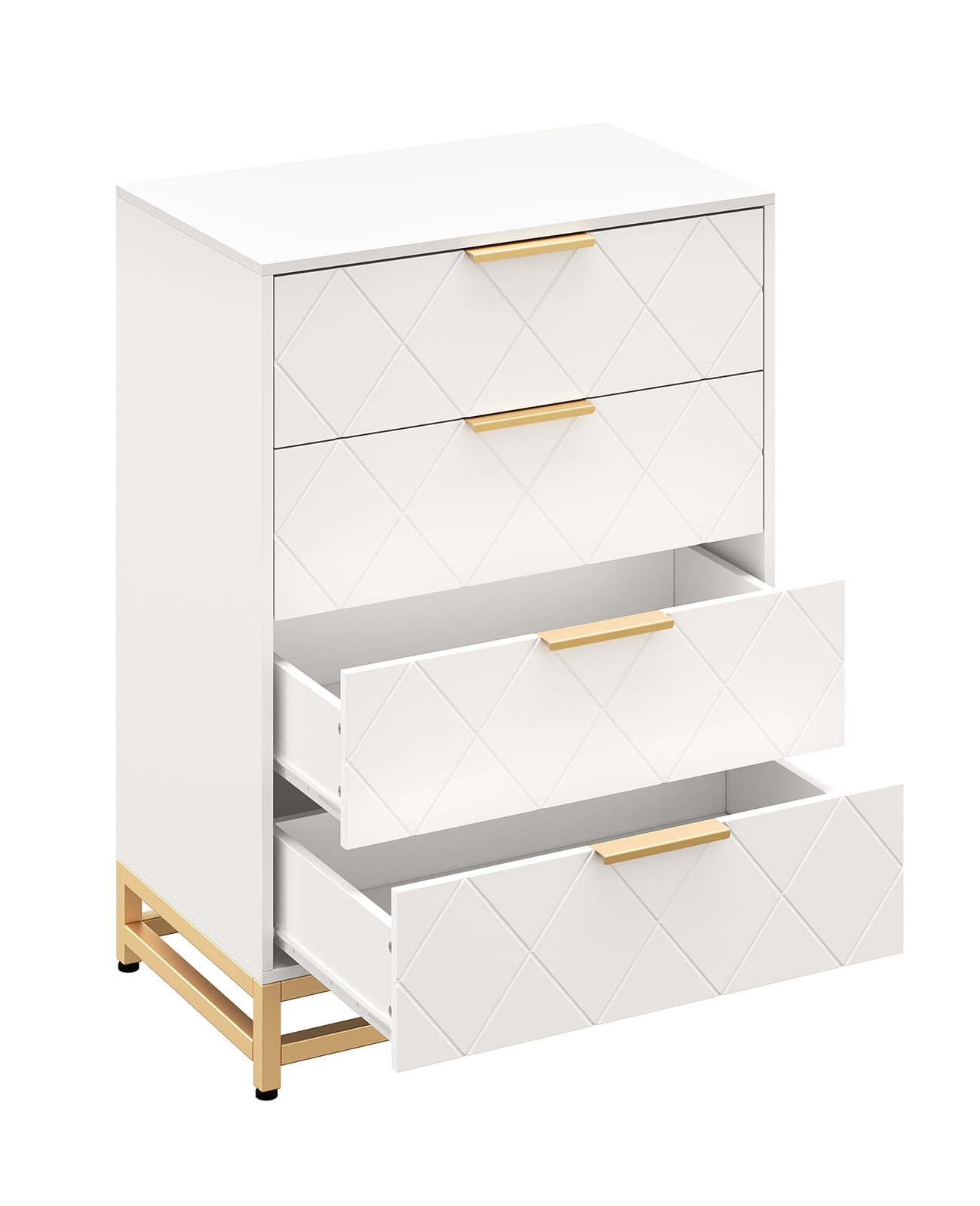 4-Drawer White Chest with Triangle Pattern, MDF and Metal Frame Storage ...