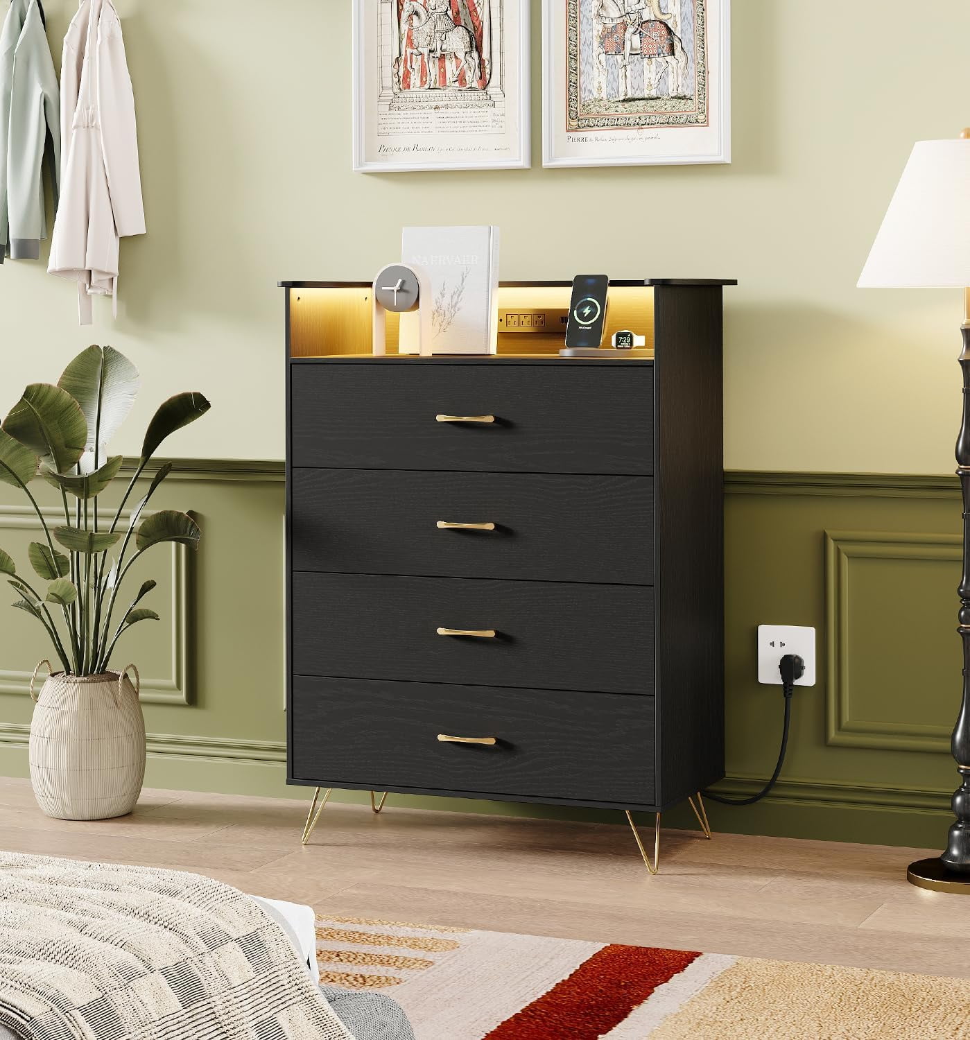 4-Drawer Wooden Dresser with Charging Station & RGB Lights, Modern ...