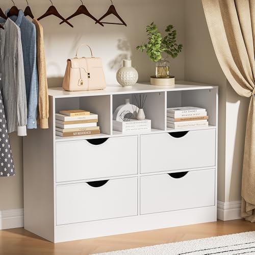 4 Drawers Dresser with Open Cube, White Chest of Drawers for Bedroom ...