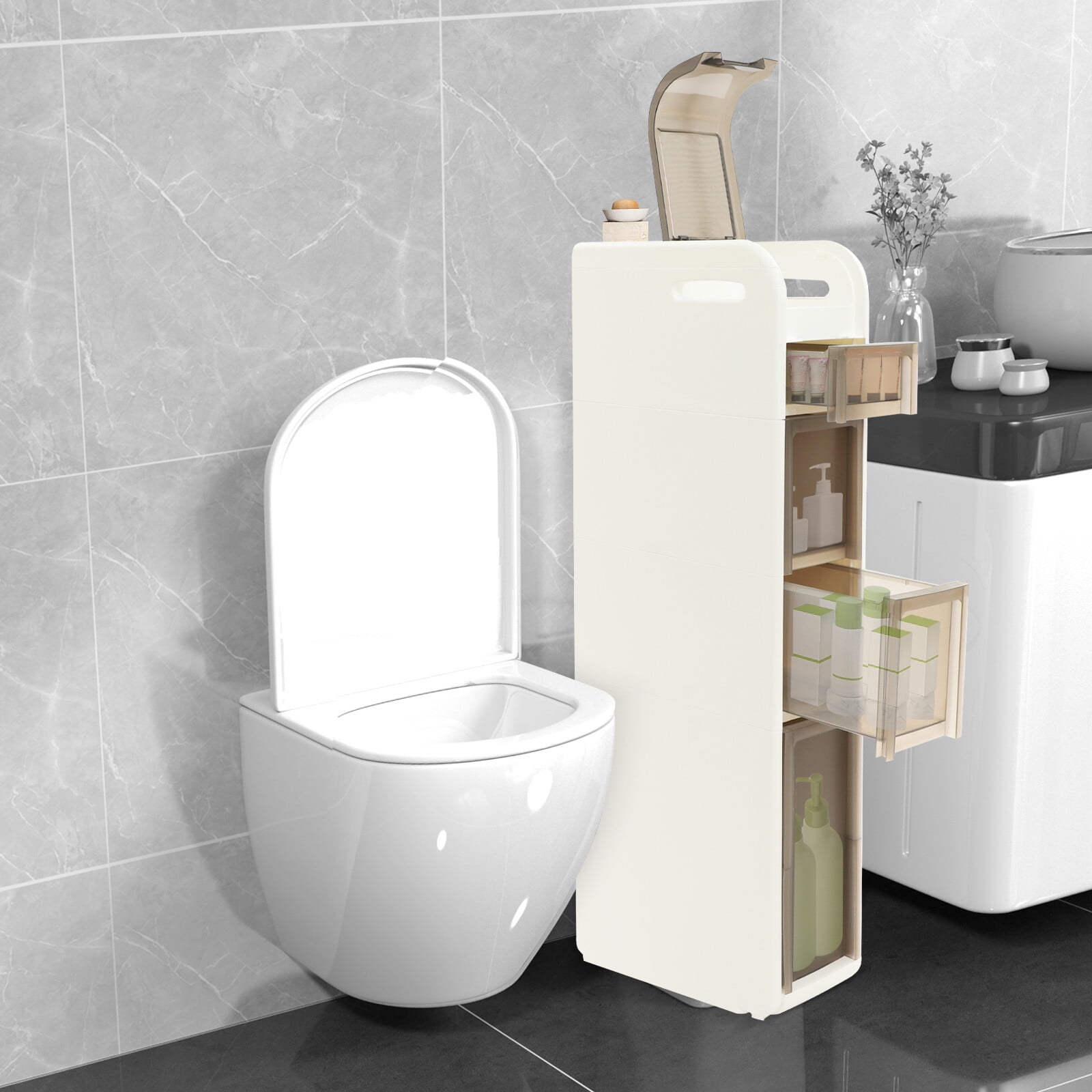 Waterproof Bathroom Cabinet with Top Groove & Round Corners, 4 Drawers ...