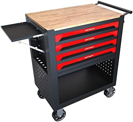 4 Drawers Tool Cart, Multi-Purpose Tool Box with Wheels and Wooden Top ...
