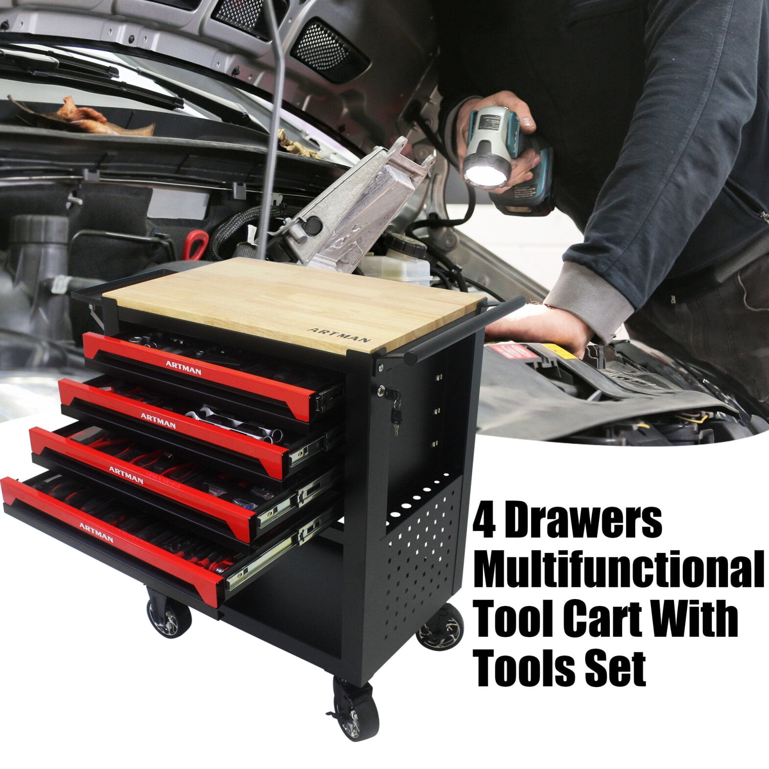 4 Drawers Tool Cart with Tool Set and Interlock Safe System,Tool ...