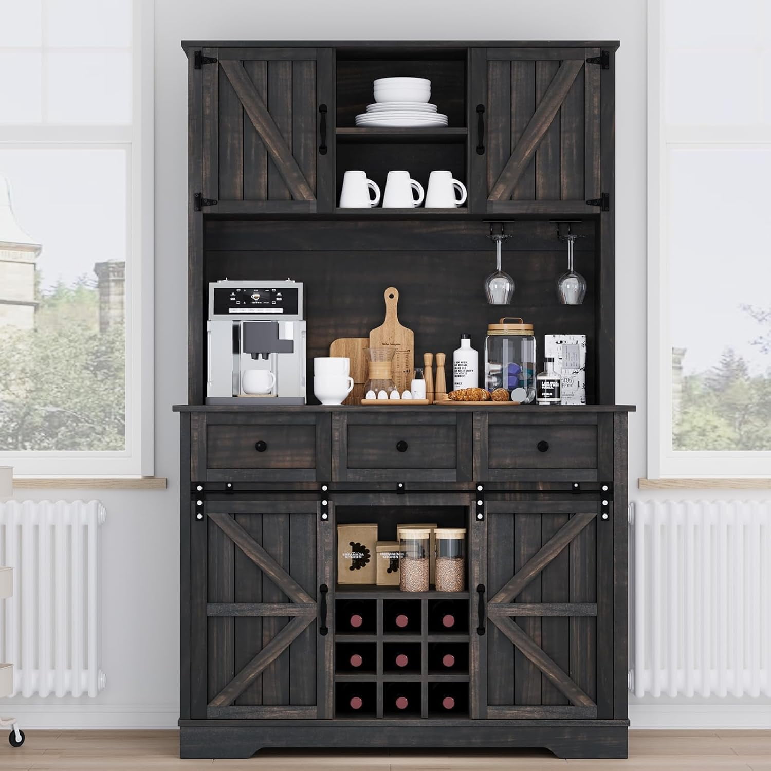 4 EVER WINNER 72'' Kitchen Pantry Cabinet with Hutch, Farmhouse Tall Coffee Bar Cabinet with ...
