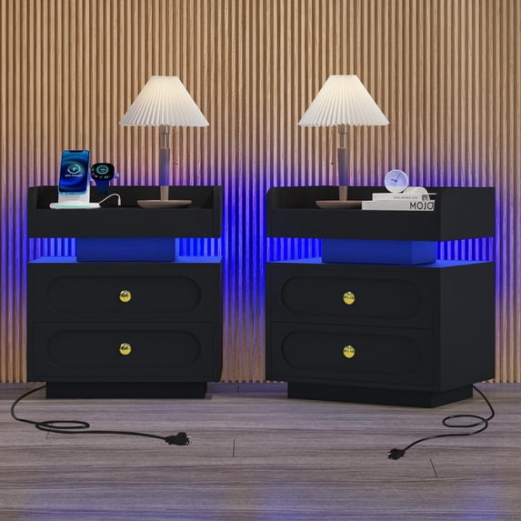 4 EVER WINNER Black Nightstand Set of 2 with Adjustable LED Lights and ...