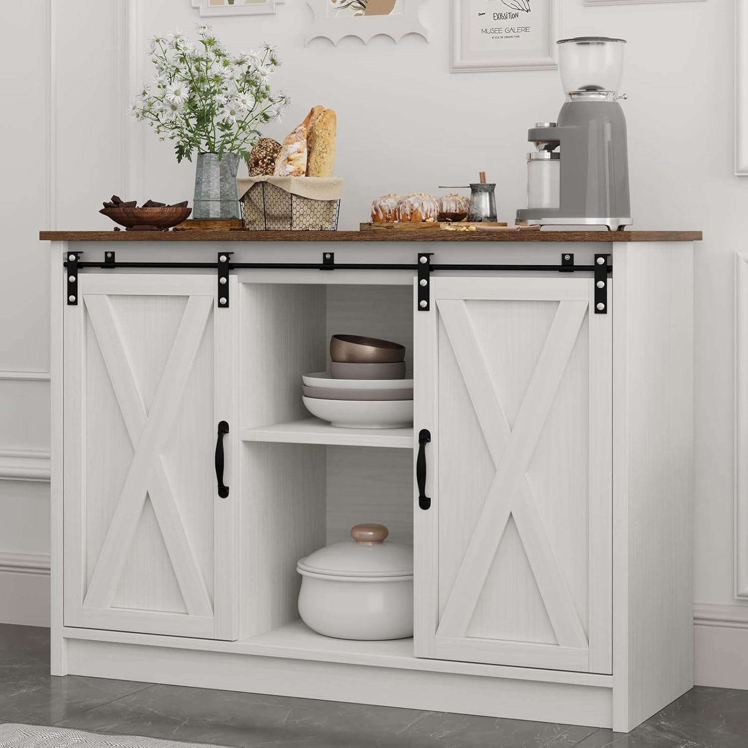 4 EVER WINNER Coffee Bar Cabinet with Sliding Barn Doors, 42” Farmhouse ...