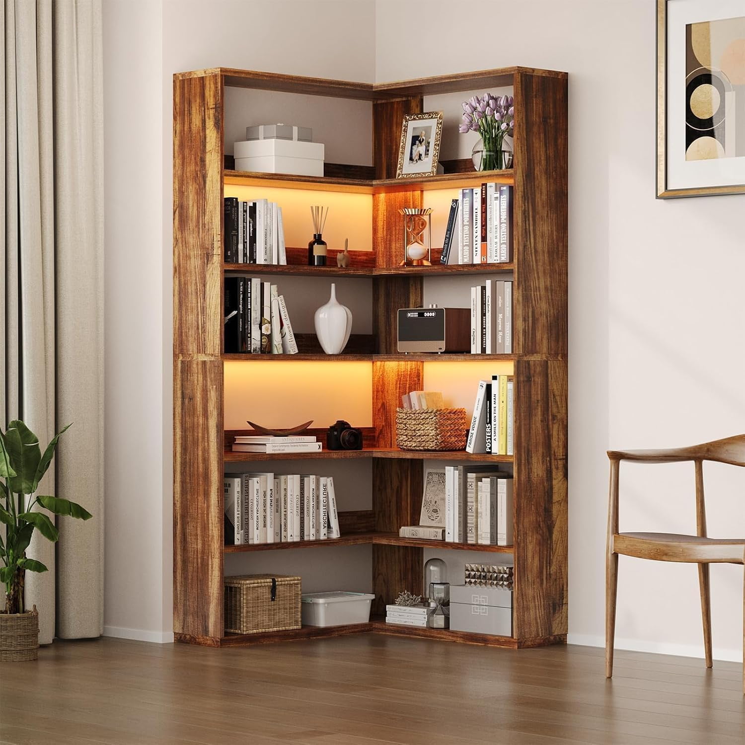 4 EVER WINNER Corner Bookshelf with LED Light and Storage, 6 Tier ...