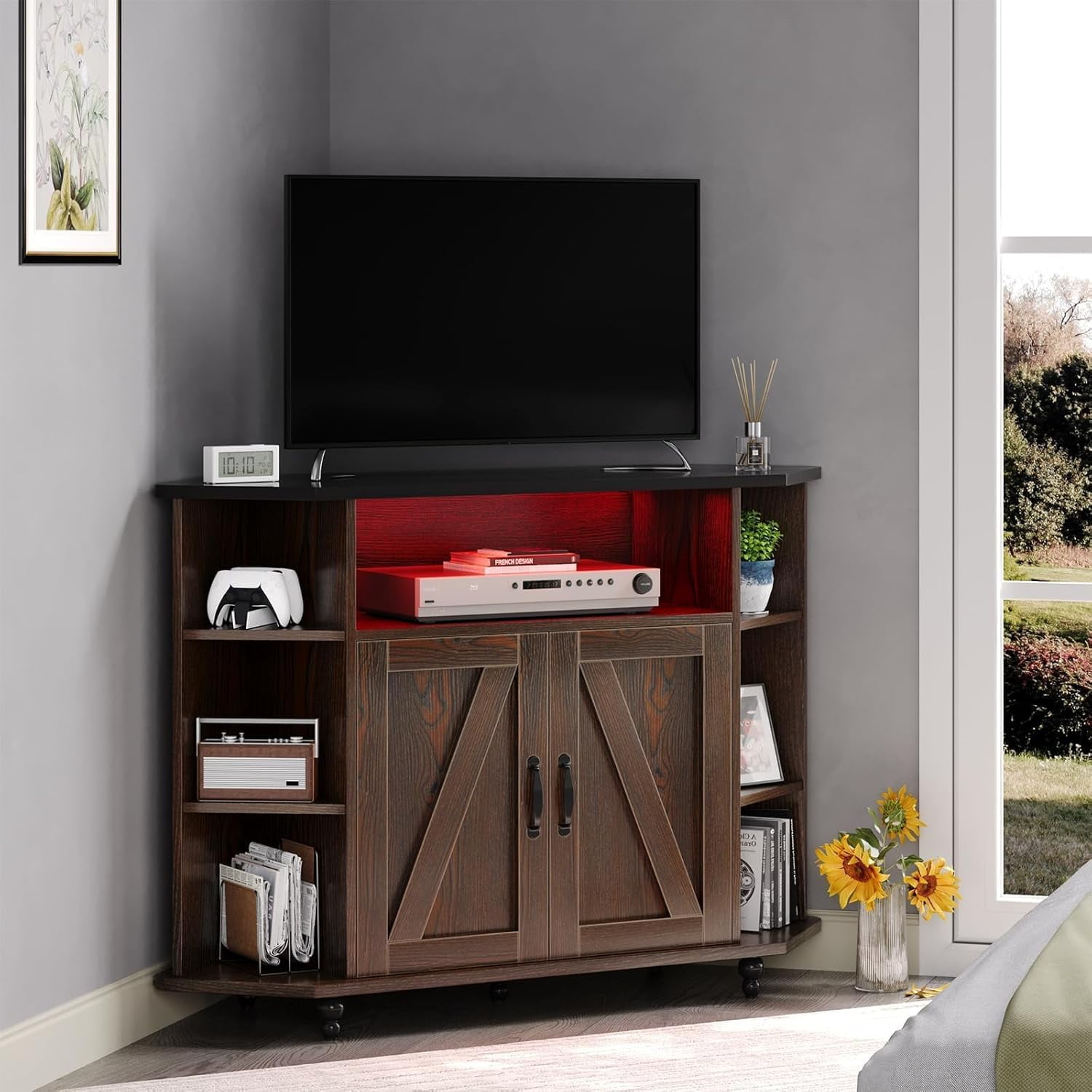 4 EVER WINNER Corner TV Stand, Farmhouse Corner TV Cabinet with LED ...
