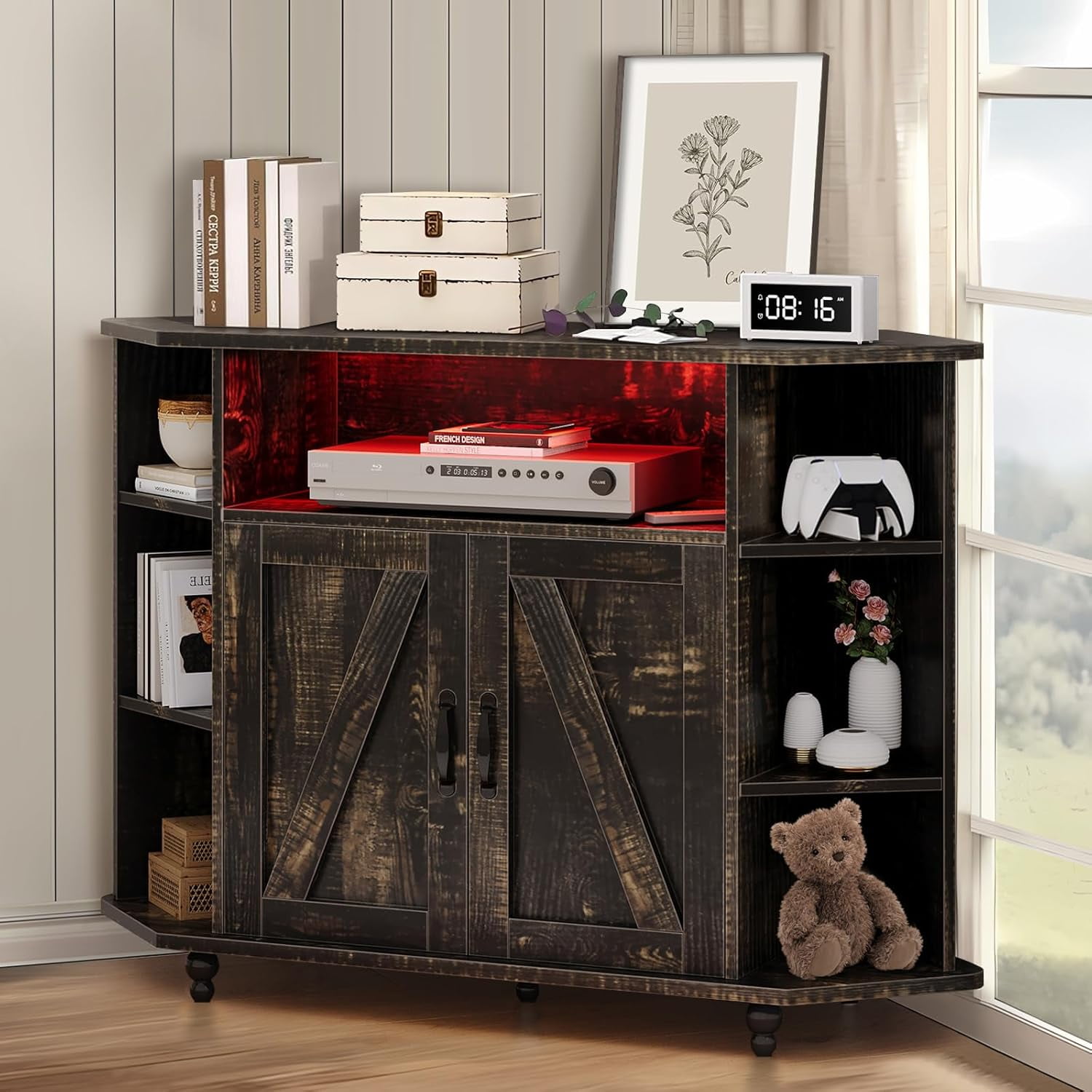 4 EVER WINNER Corner TV Stand with Led Light for 50 Inch TV, Corner Entertainment Center with ...