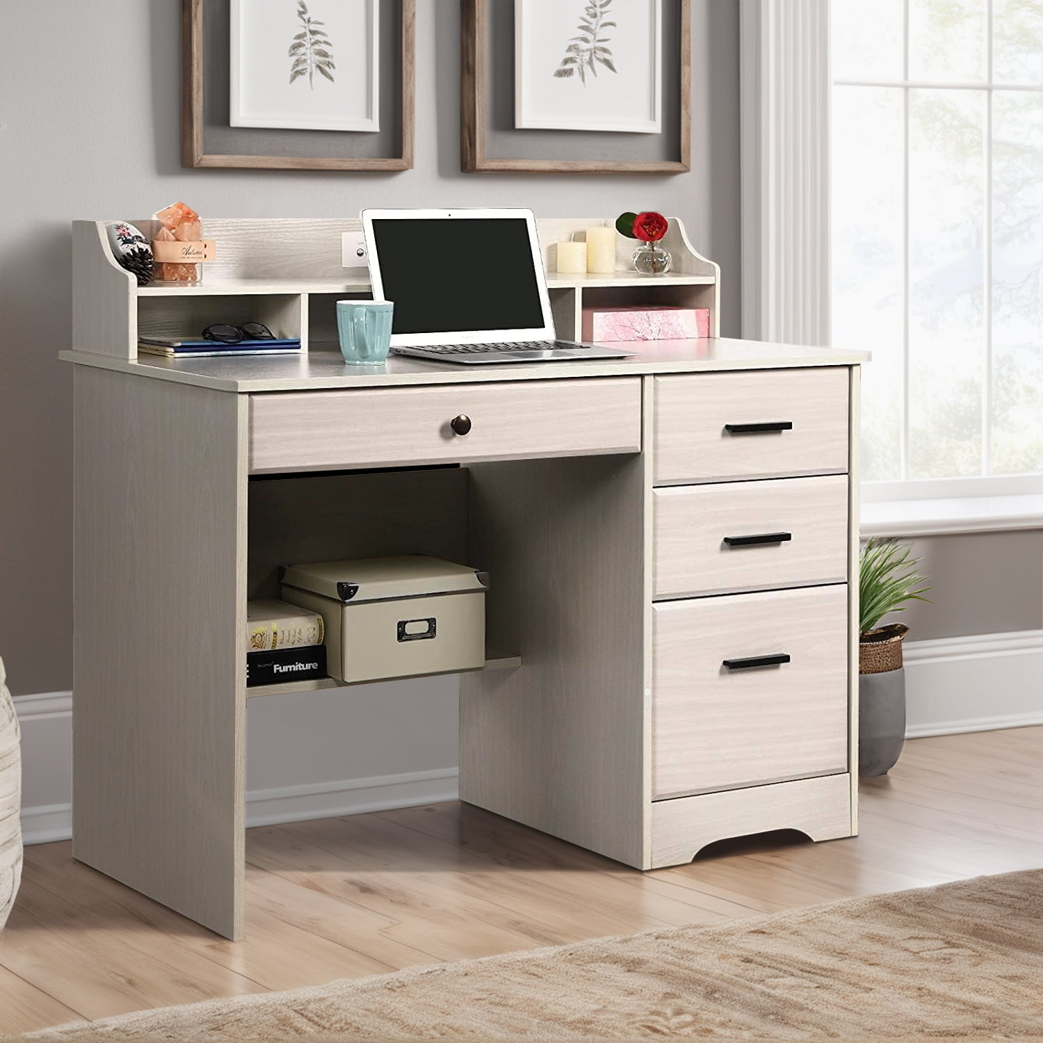 4 EVER WINNER Desk with 4 Drawers, Computer Desk with Hutch Shelf ...