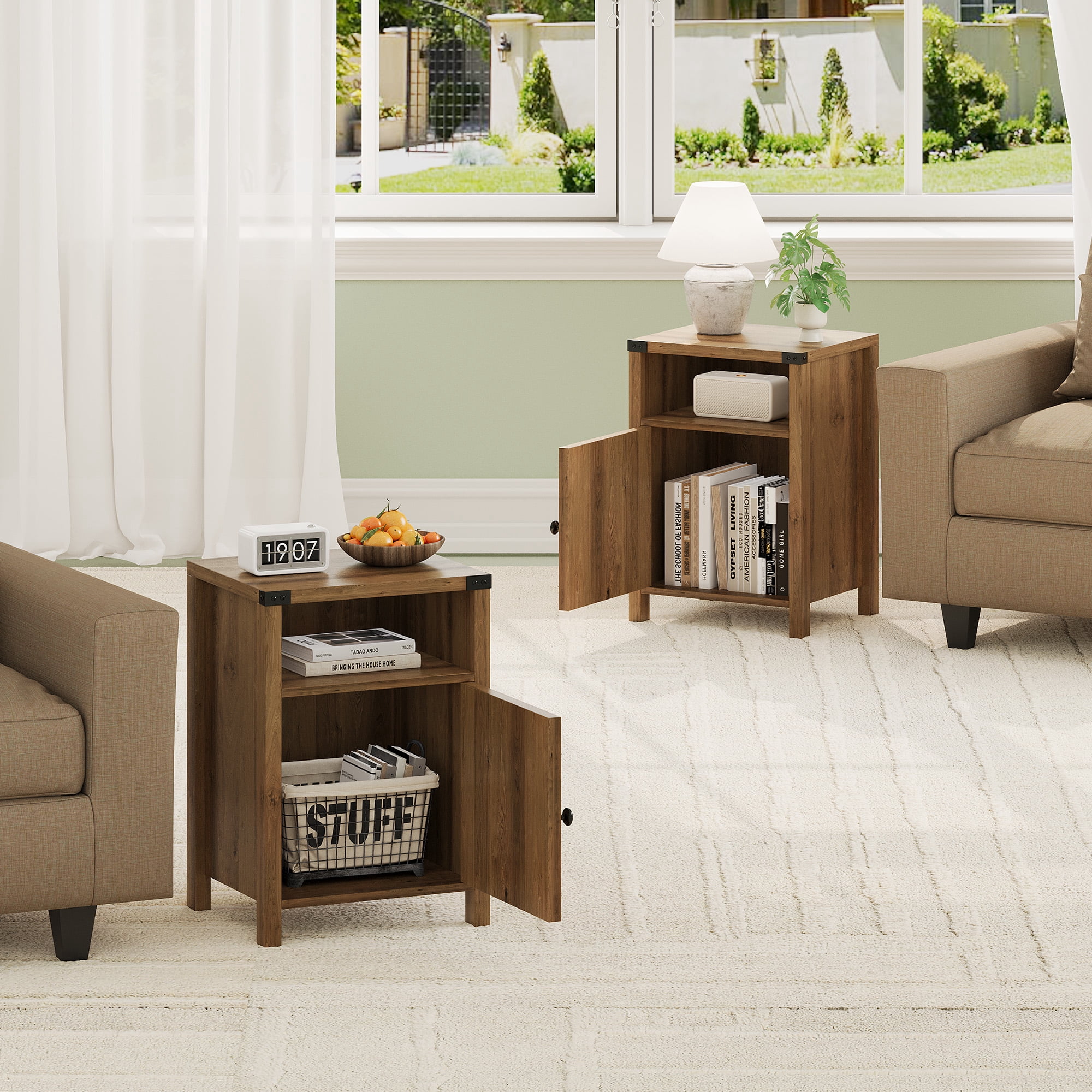 4 EVER WINNER Farmhouse 2-Pack Barn Door Nightstands, Rustic Dark Oak ...