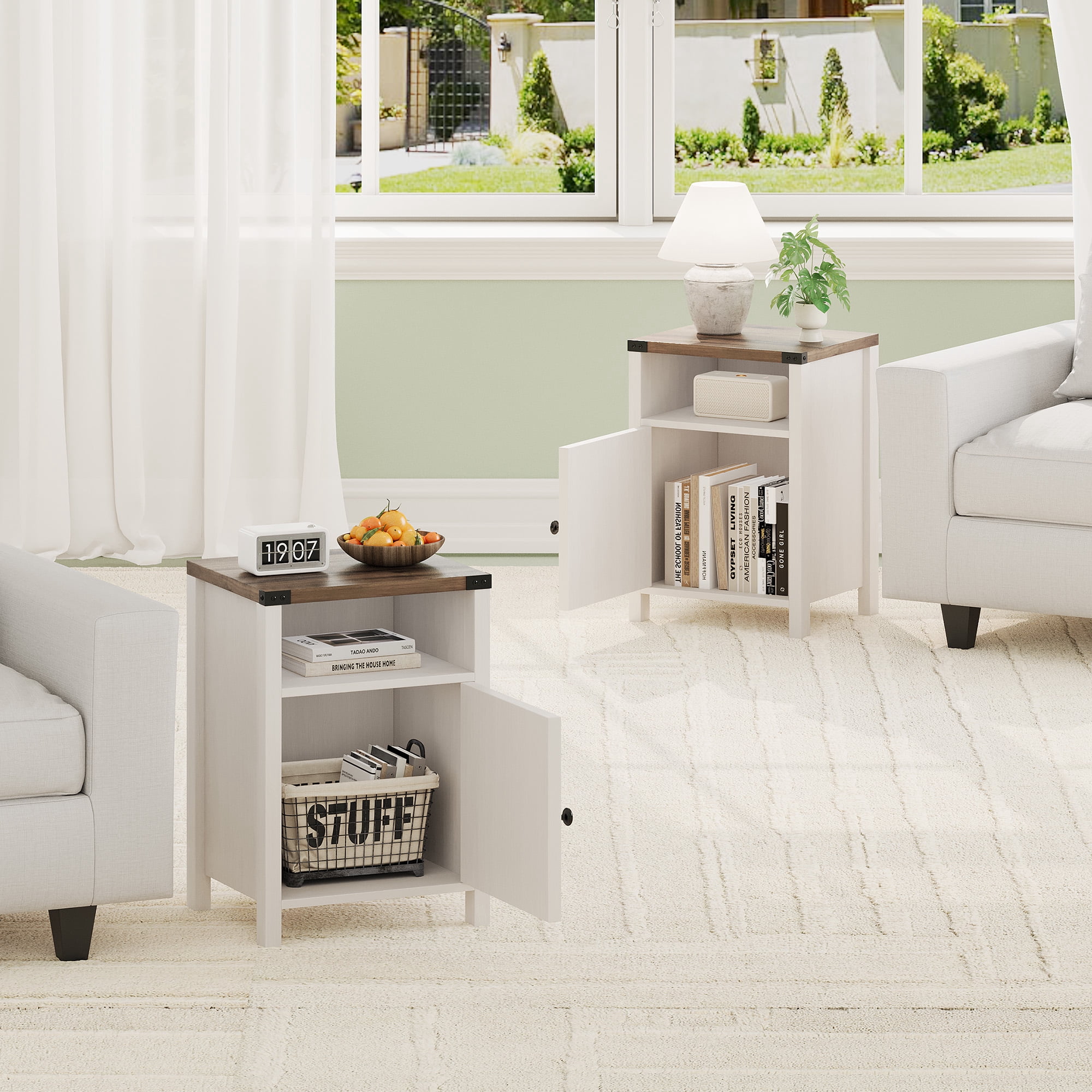 4 EVER WINNER Farmhouse 2-Pack Barn Door Side Tables, Cream White ...