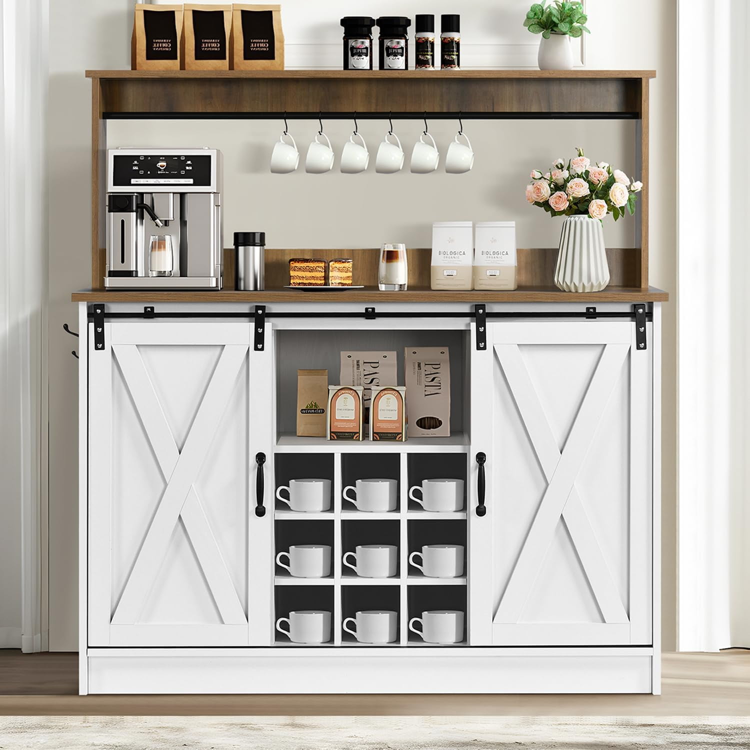 4 EVER WINNER Farmhouse Coffee Bar Cabinet with 6 Hooks, 47” Sideboard Buffet Cabinet with ...