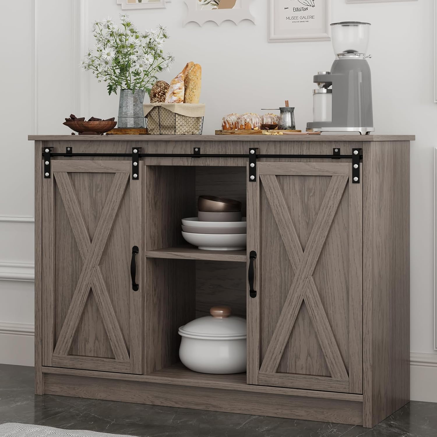 4 EVER WINNER Farmhouse Coffee Bar Cabinet with Sliding Barn Door, 42 ...