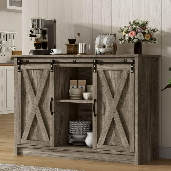 4 EVER WINNER Farmhouse Coffee Bar Cabinet with Sliding Barn Door, 42” Coffee Bar Table with ...