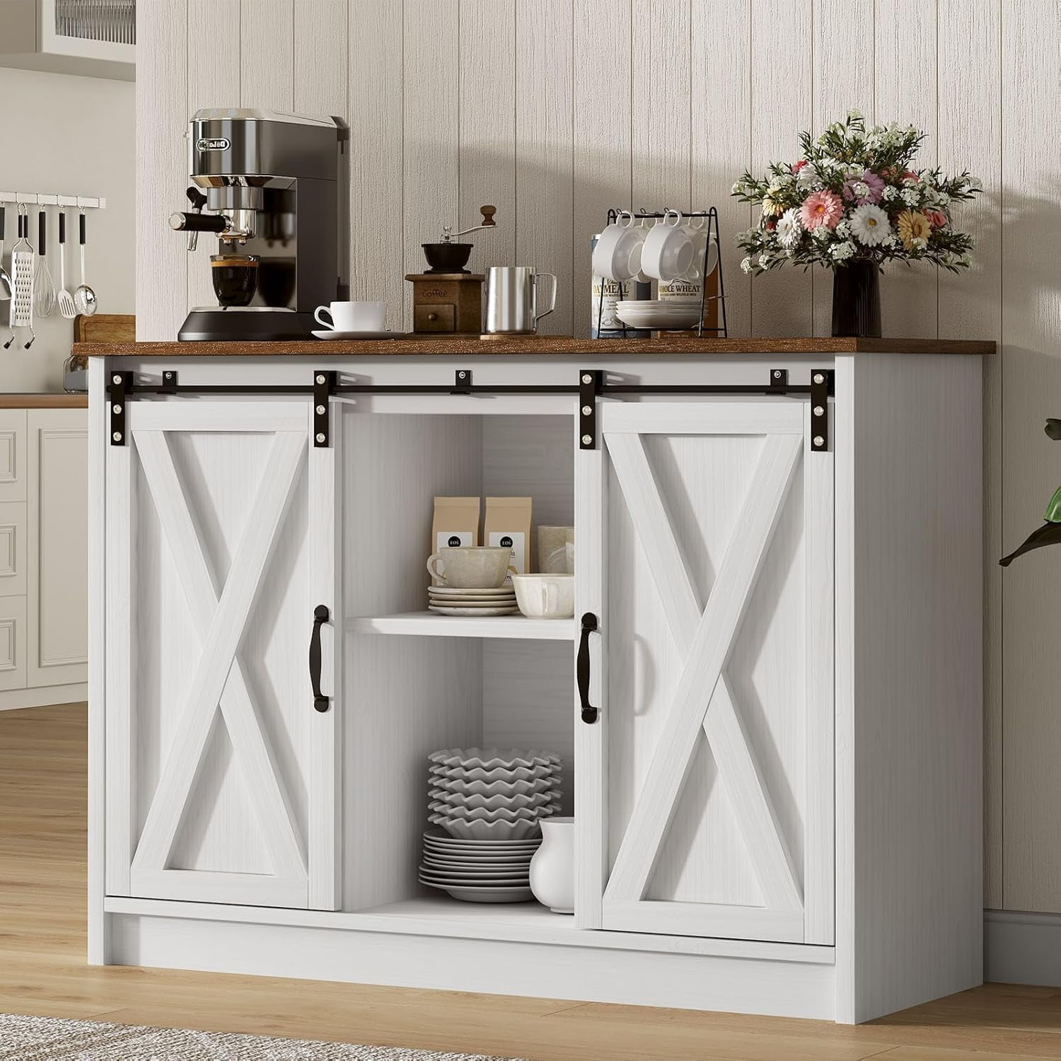 4 EVER WINNER Farmhouse Coffee Bar with Sliding Barn Doors, 42”Coffee ...