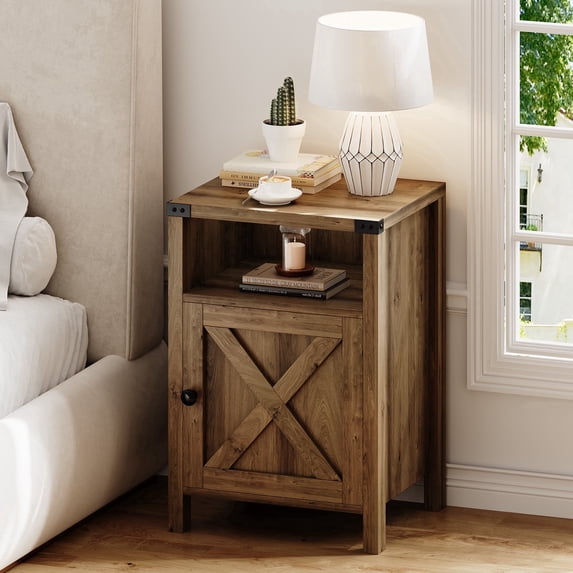 4 EVER WINNER Farmhouse Single Barn Door Side Table, Rustic Oak Storage ...