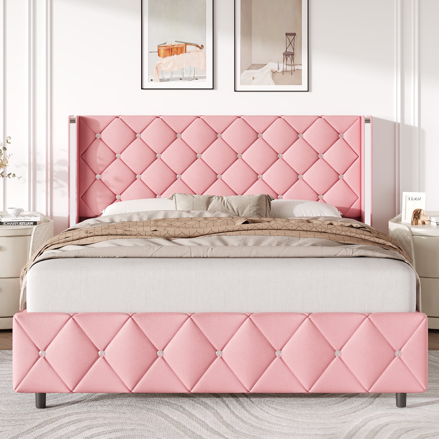 4 EVER WINNER Full Bed Frame, PU Leather Upholstered Platform Bed Frame ...