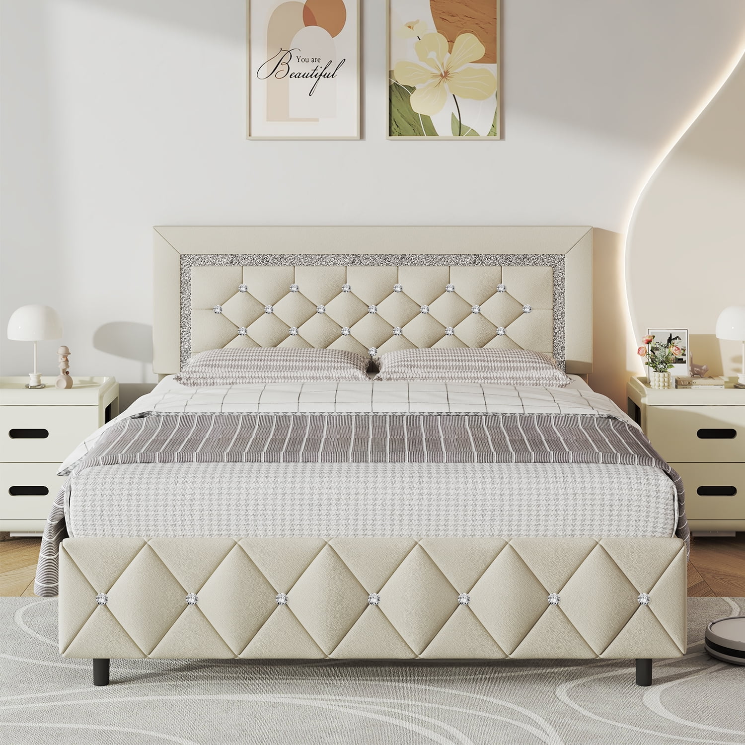 4 EVER WINNER Full Bed Frame, Upholstered Platform Bed Frame with ...
