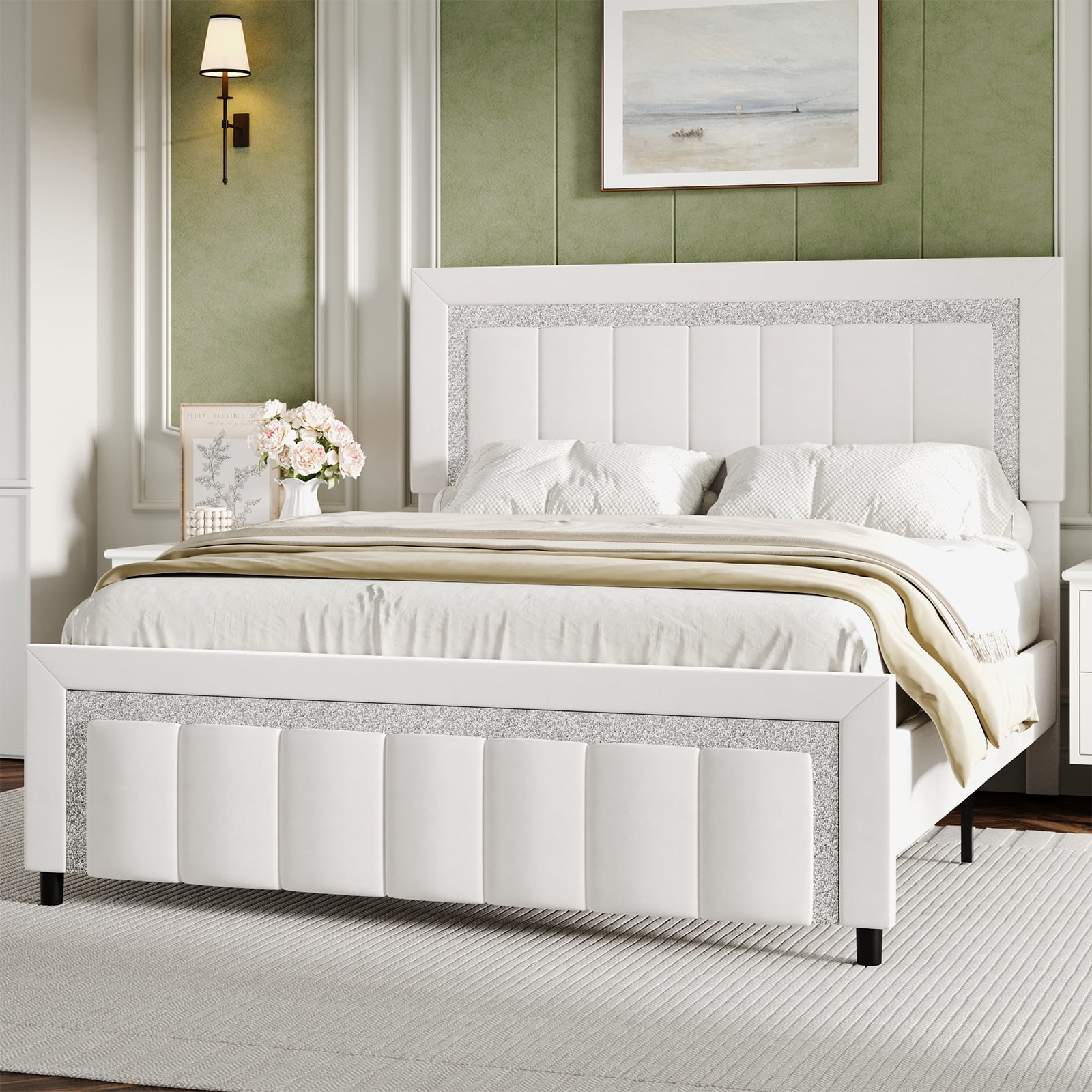 4 EVER WINNER Full Bed Frame, Velvet Upholstered Bed Frame with Diamond ...