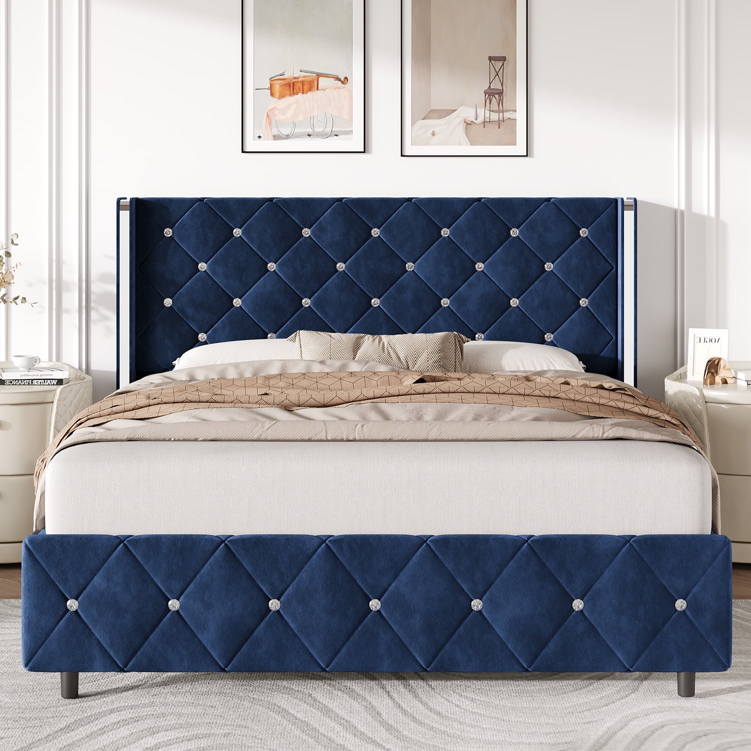 4 EVER WINNER Full Bed Frame, Velvet Upholstered Platform Bed Frame ...