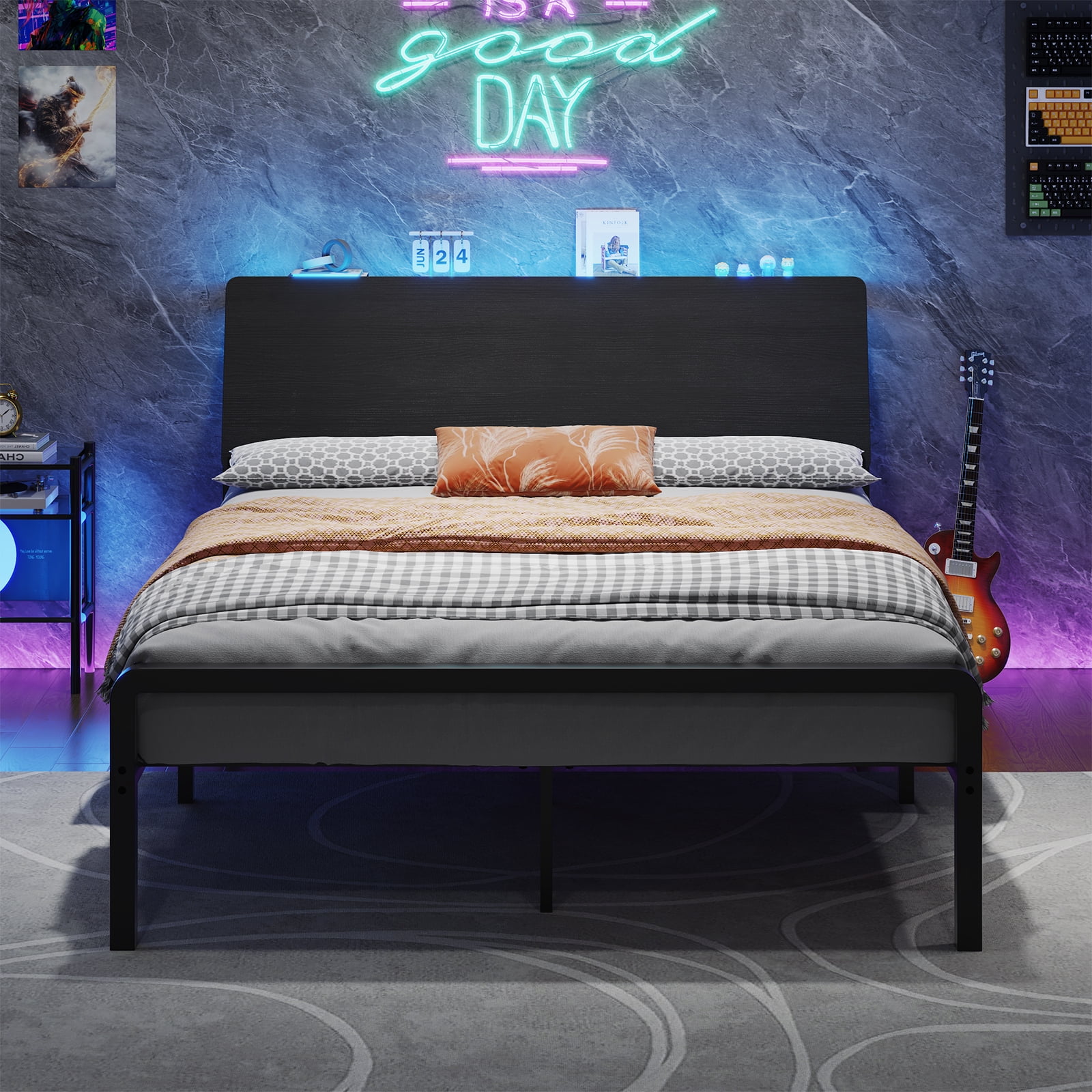 4 EVER WINNER Full Bed Frame with Storage Headboard and LED Light ...