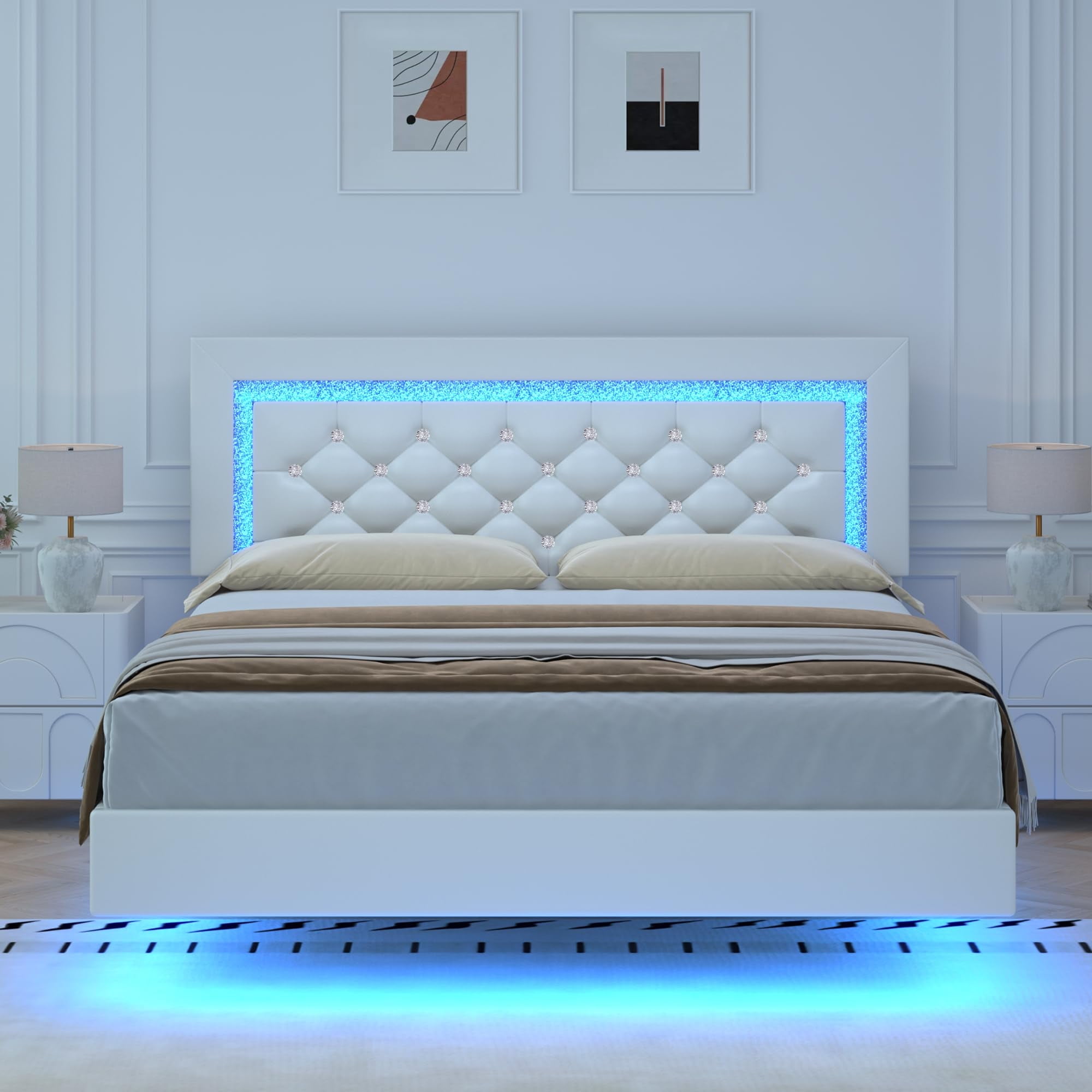 4 EVER WINNER Full Floating Bed Frame with LED Lights, LED Upholstered ...