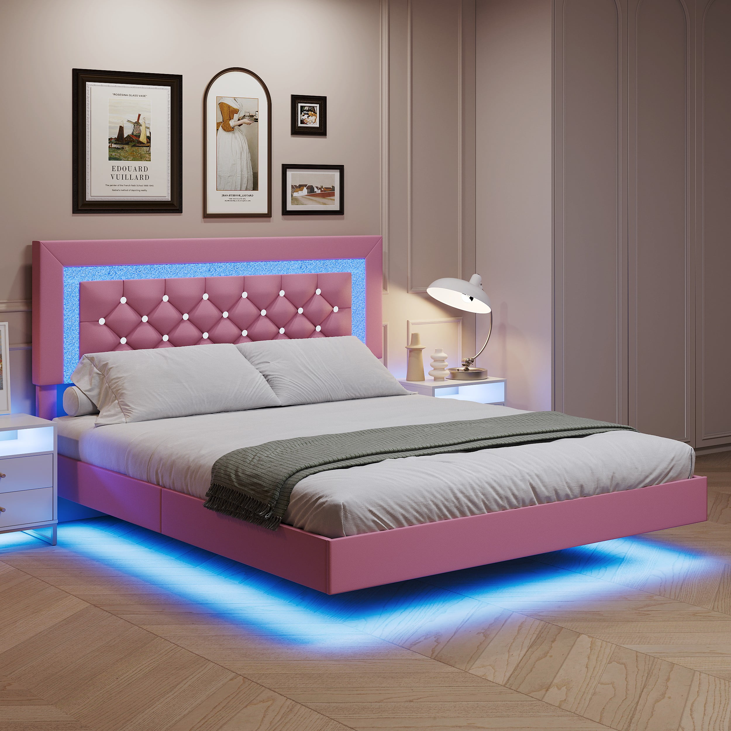 4 EVER WINNER Full Size Floating Bed Frame with LED Lights, Upholstered ...