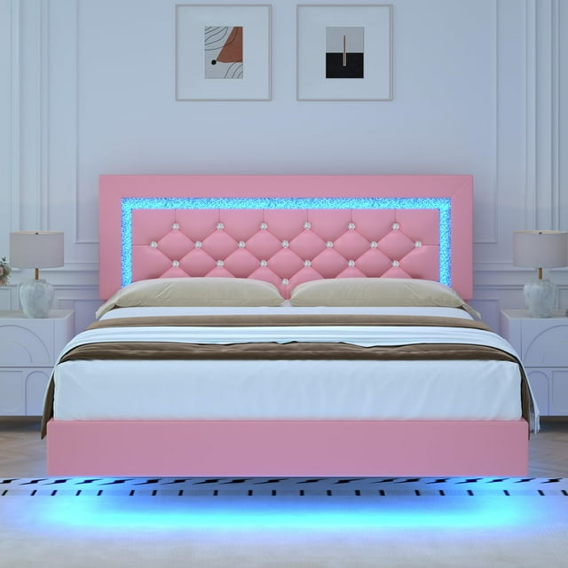 4 EVER WINNER Full Floating Bed Frame with LED Lights, LED Upholstered ...