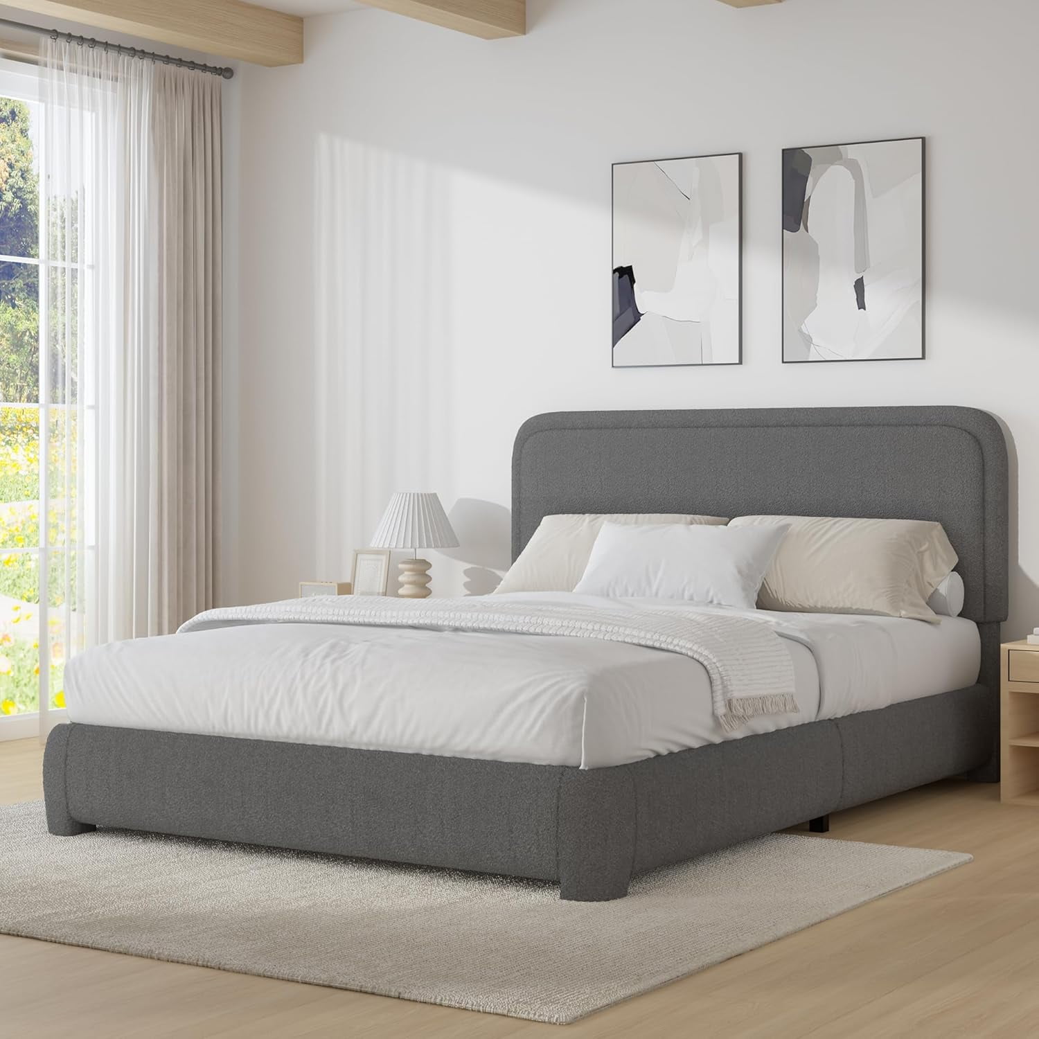 4 EVER WINNER Full Size Bed Frame, Modern White Bed Frame with Headboard, Boucle Fabric ...