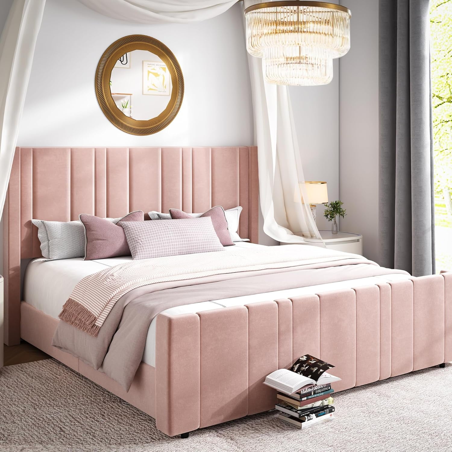 4 EVER WINNER Full Size Bed Frame, Pink Full Bed Frame, Modern Velvet ...