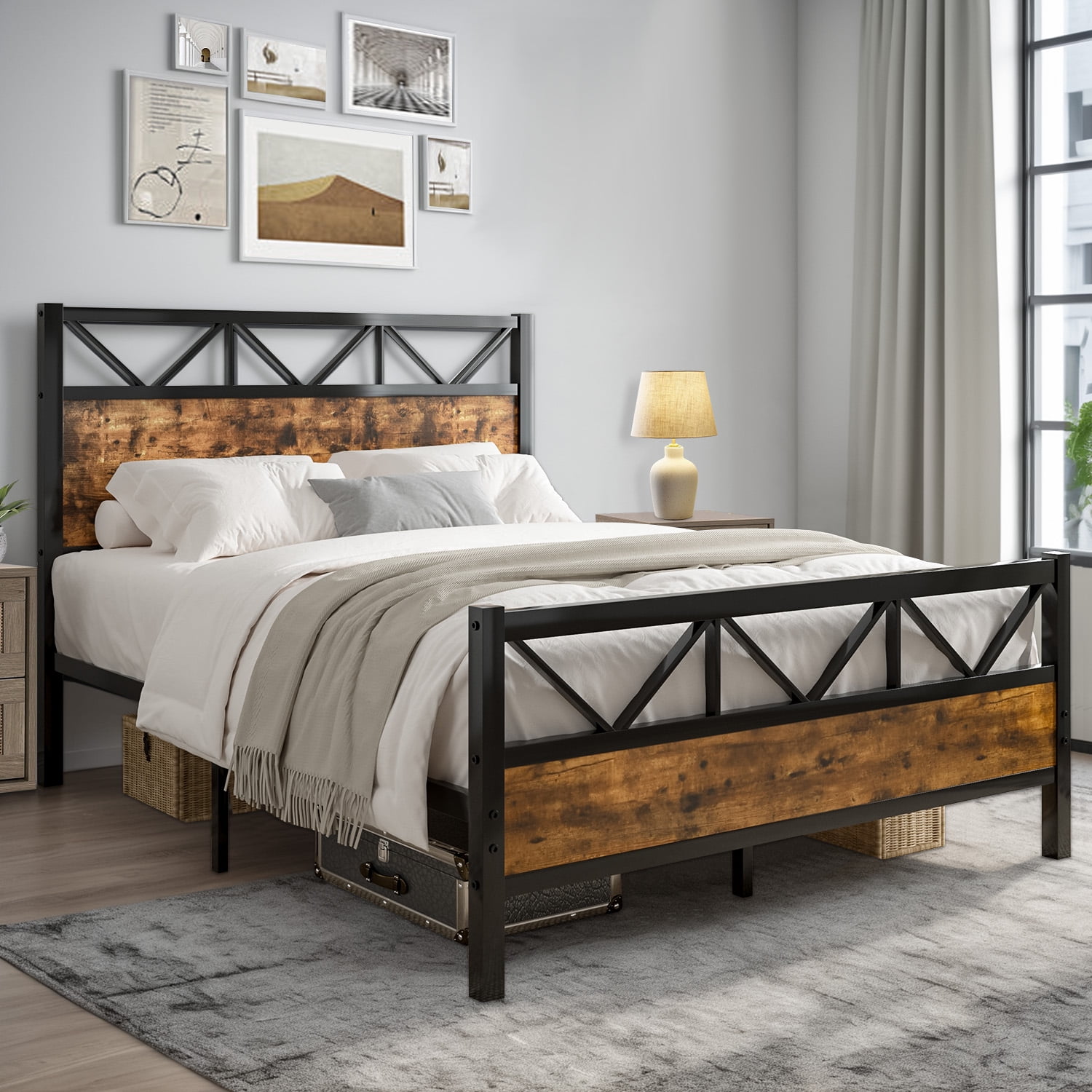 4 EVER WINNER Full Size Bed Frame, Rustic Metal Bed Frame with 51" Wood ...