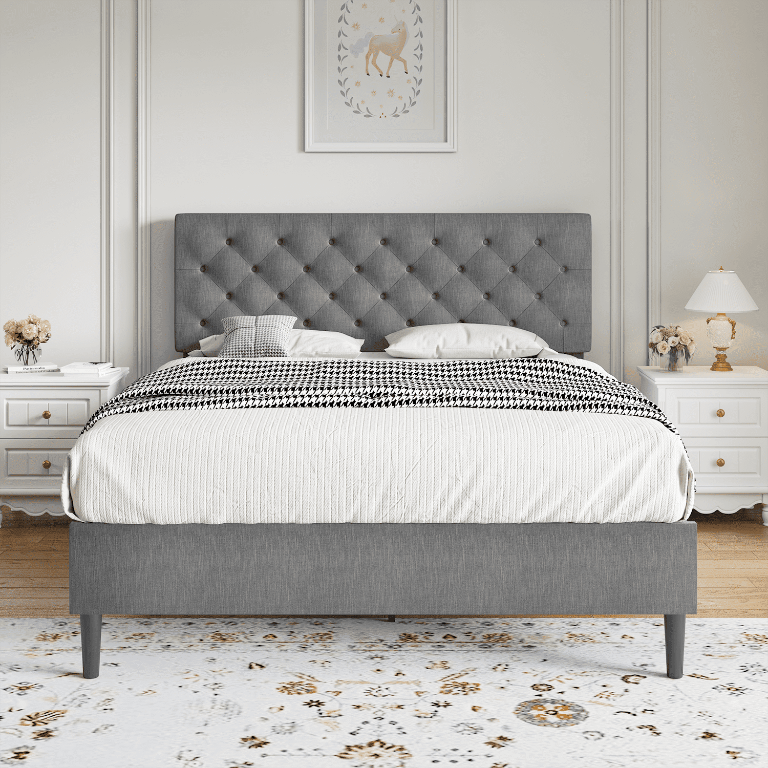 4 EVER WINNER Full Size Bed Frame, Upholstered Platform Bed with ...