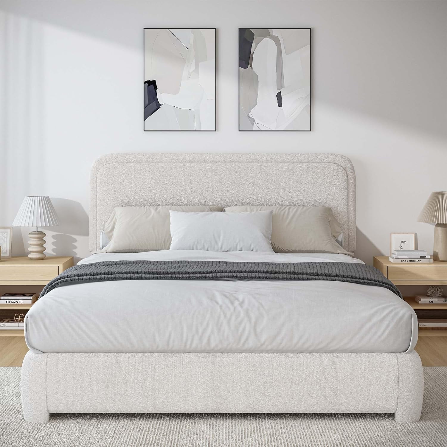 4 EVER WINNER Full Size Bed Frame with Soft Curved Boucle Fabric Upholstered Headboard Cream Walmart