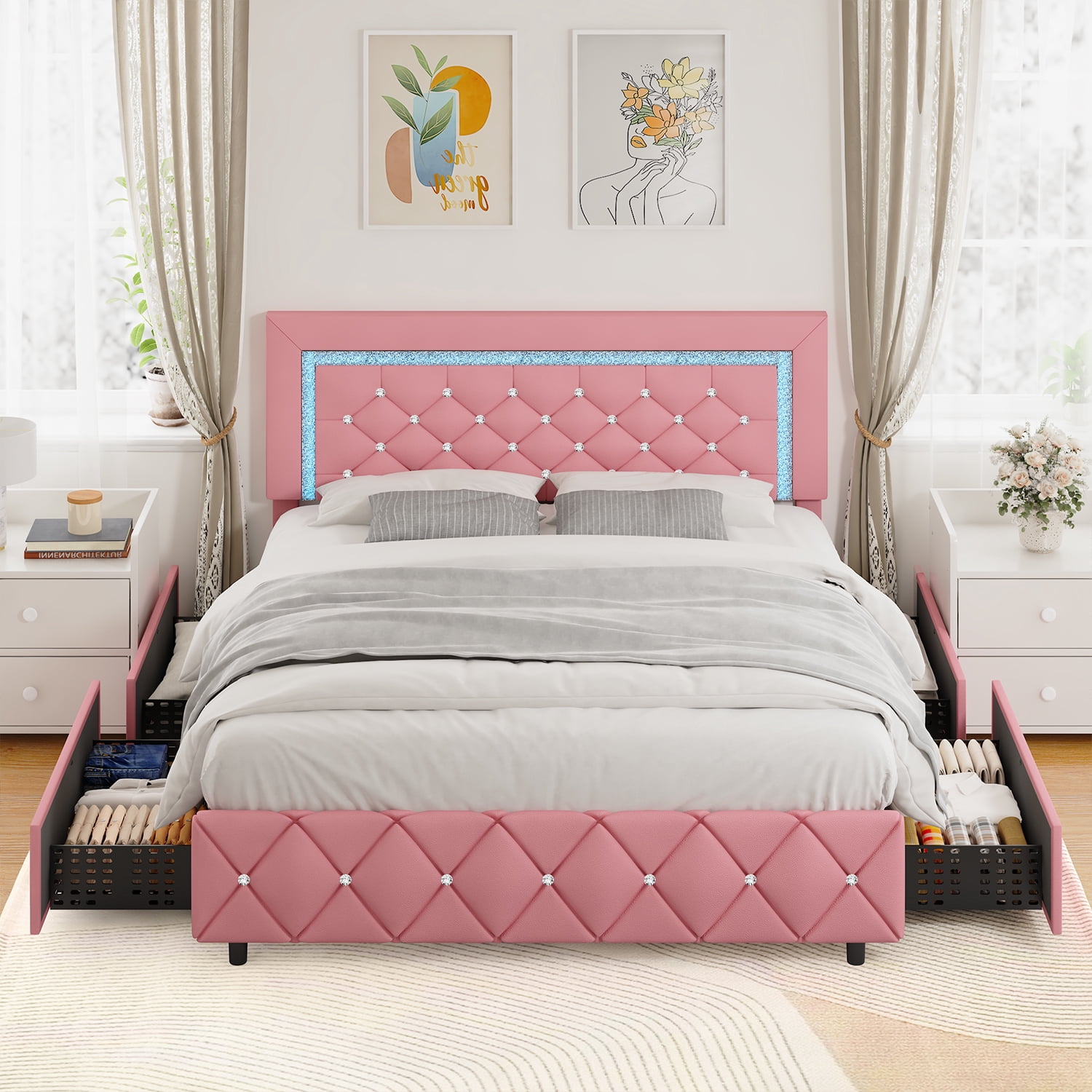 4 EVER WINNER Full Size LED Bed Frame with 4 Drawers, Pink Full Bed ...