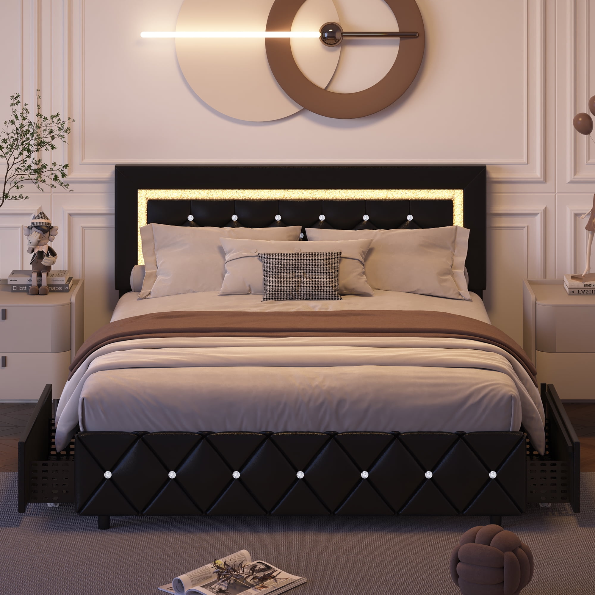 4 EVER WINNER Full Size LED Bed Frame, Upholstered Platform Bed with 4 ...