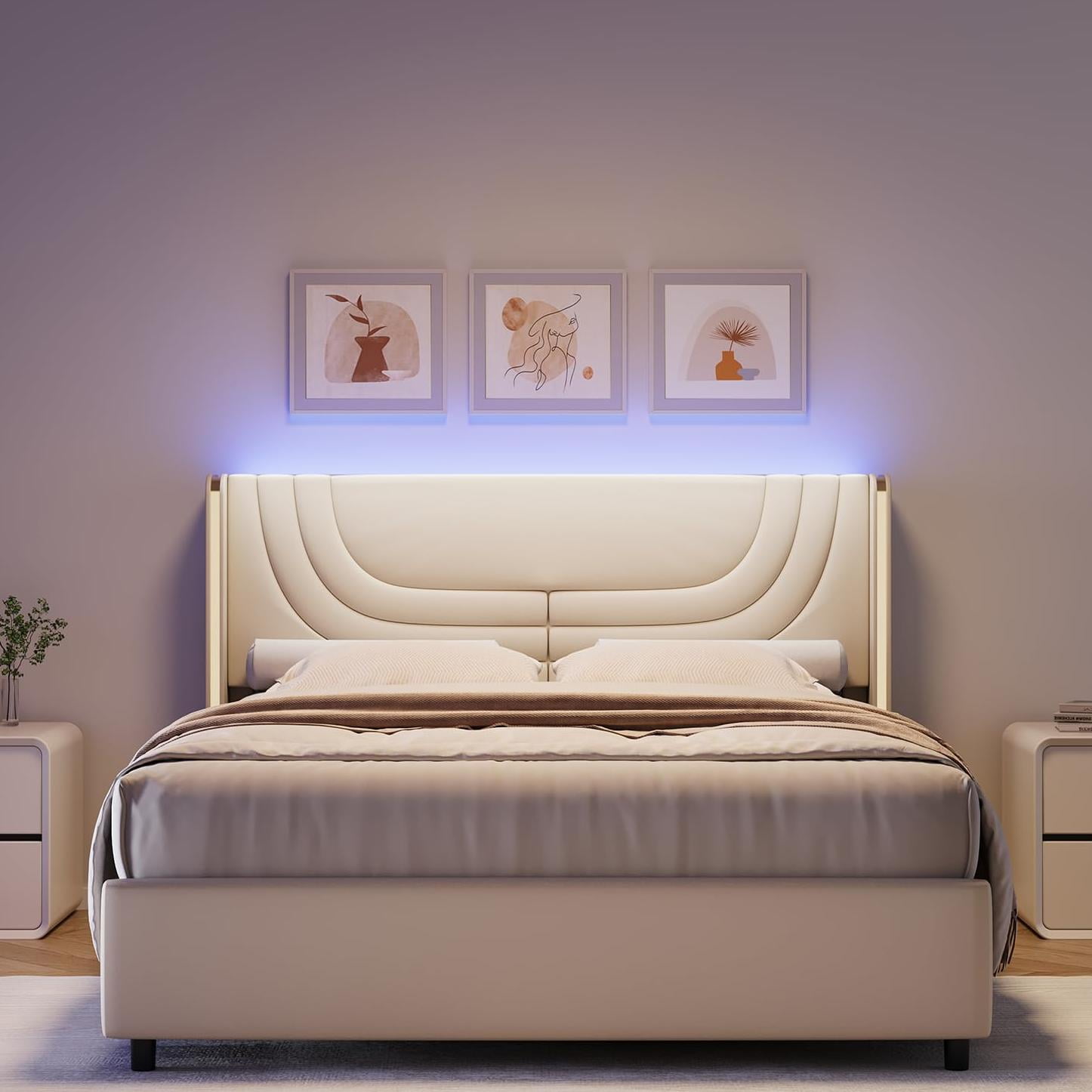 4 EVER WINNER Full Size LED Bed Frame, Upholstered Platform Bed with ...